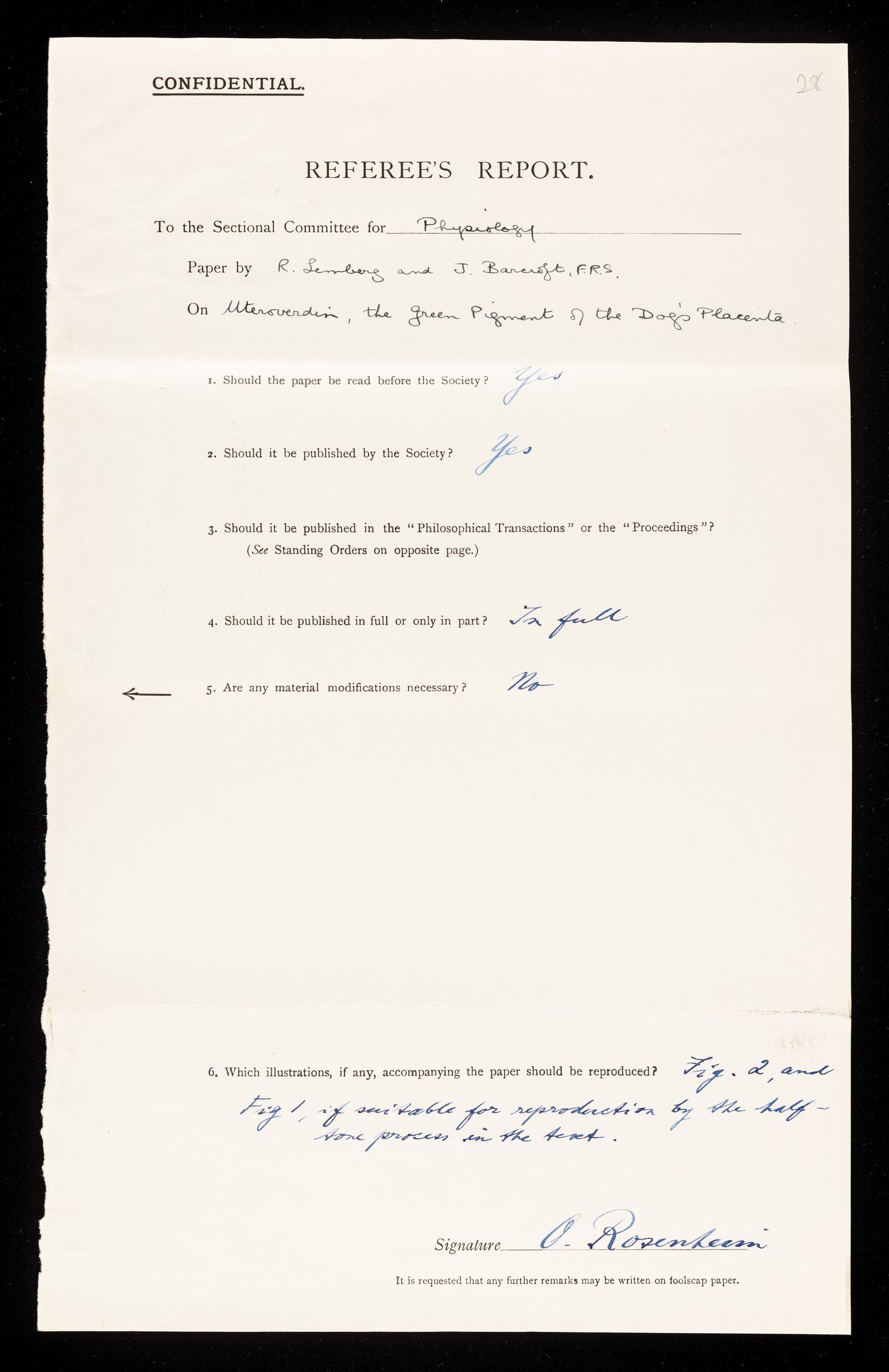 Referee's report by Otto Rosenheim, on a paper 'Uteroverdin, the green ...