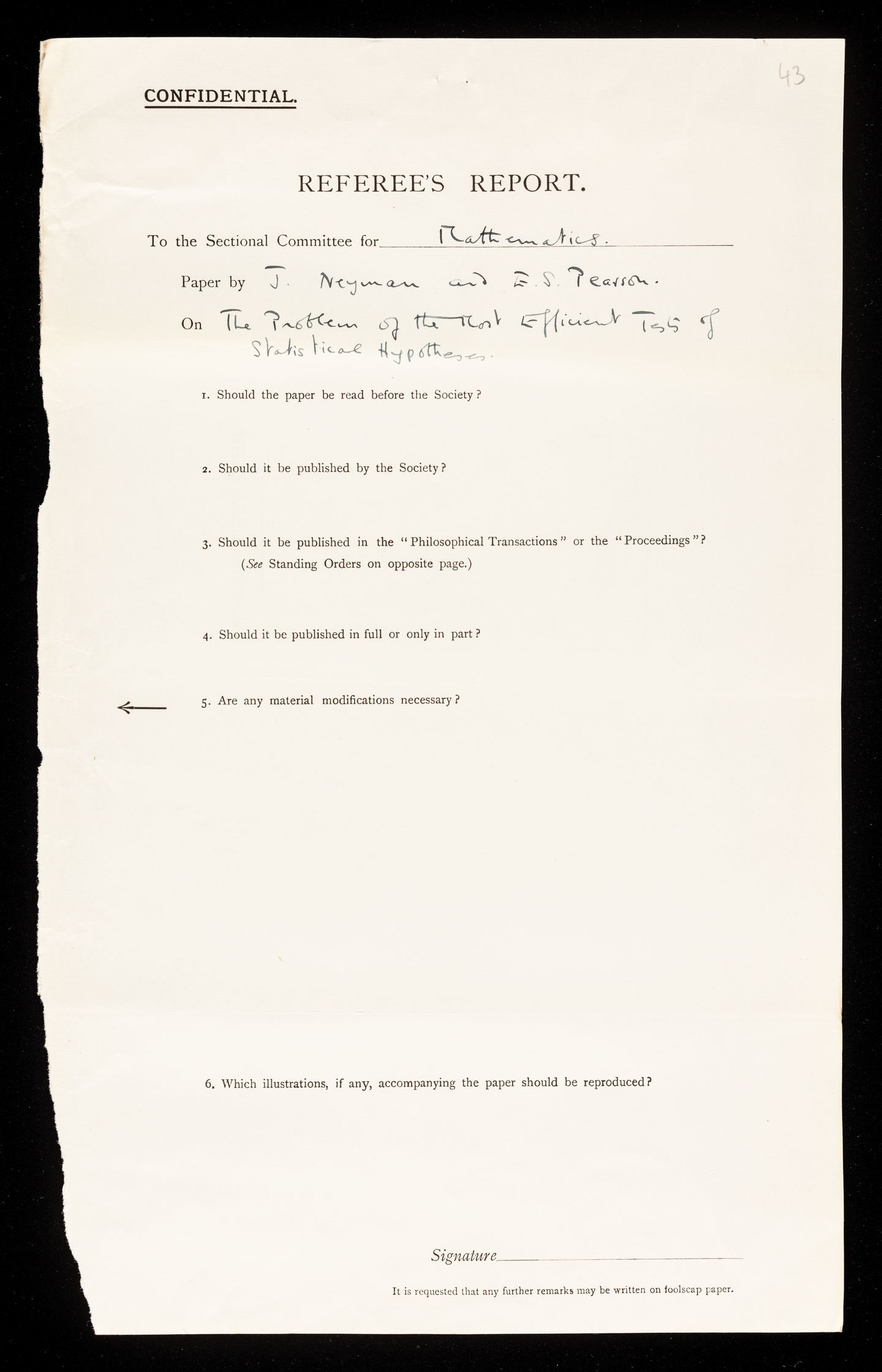 Referee's report by Ronald Aylmer Fisher, on a paper 'On the problem of ...