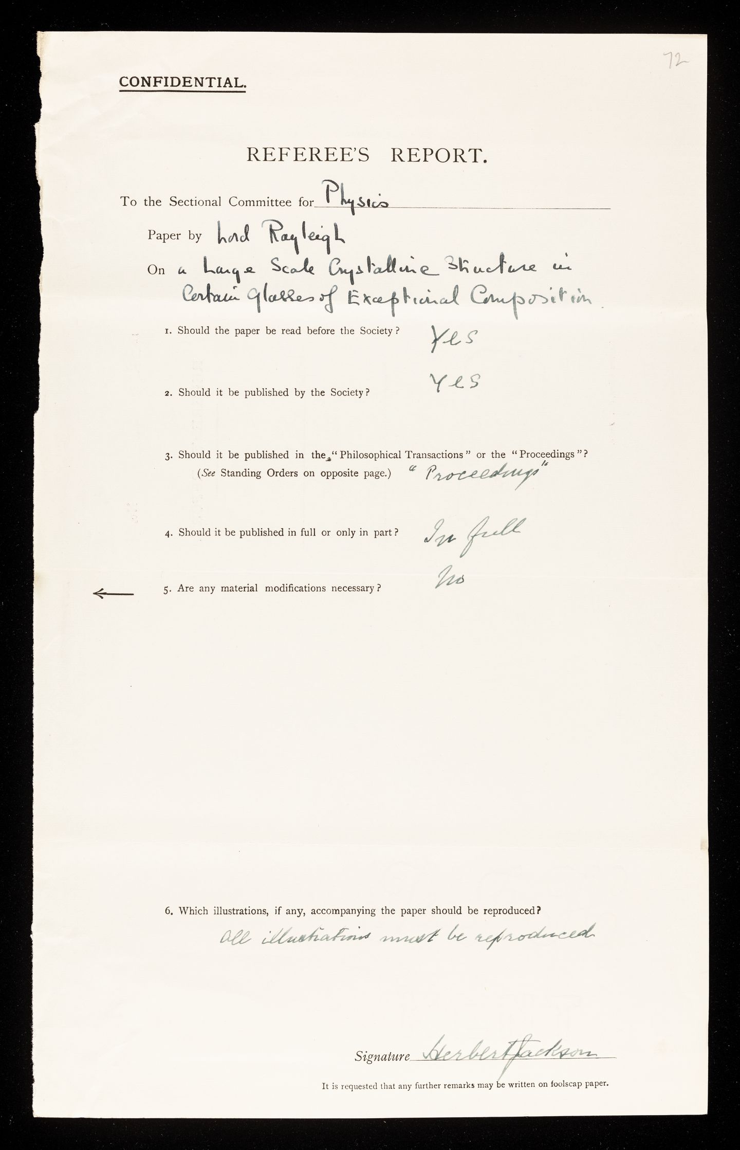 Referee's report by Herbert Jackson, on a paper 'On a large scale crystalline structure in ...
