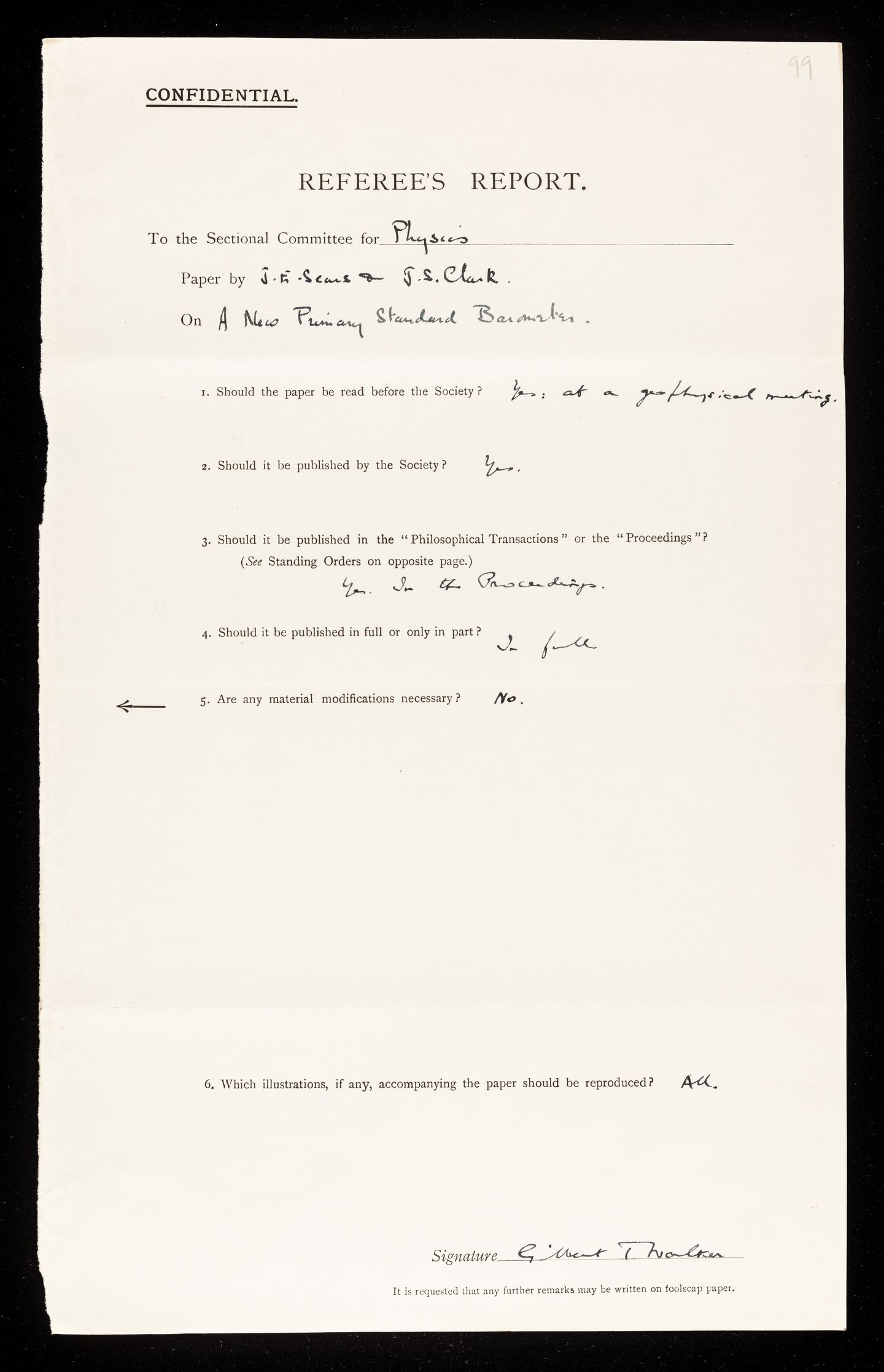 Referee's report by Gilbert Thomas Walker, on a paper 'A new primary ...