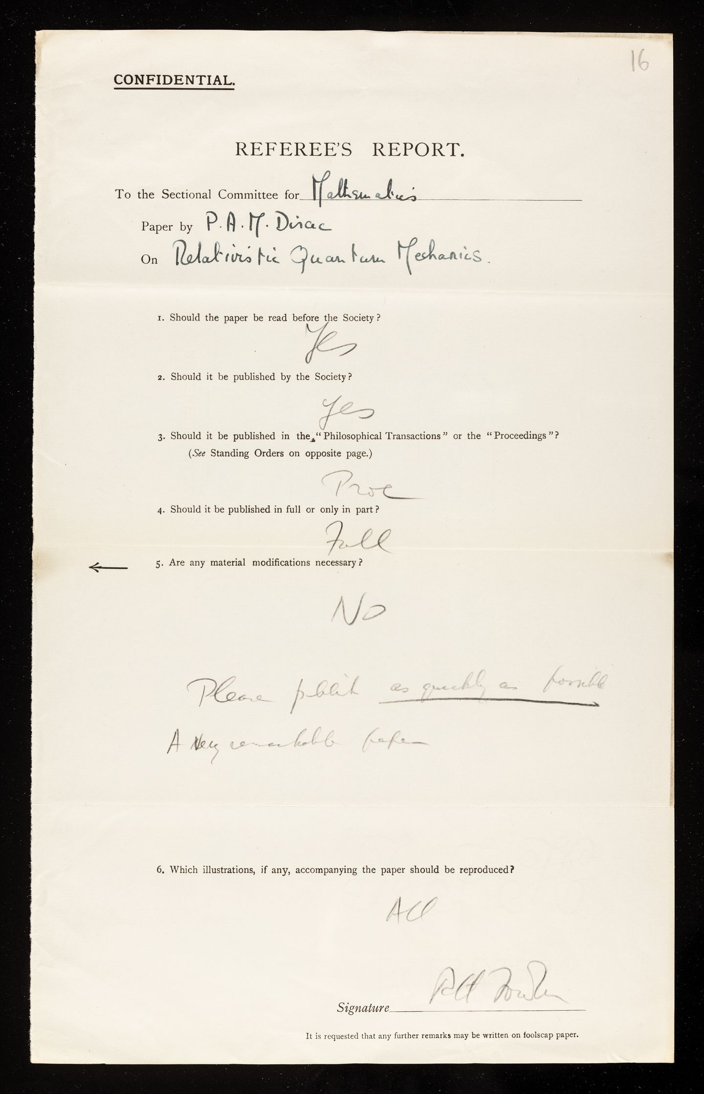 Referee's report by Ralph Howard Fowler, on a paper 'Relativistic ...