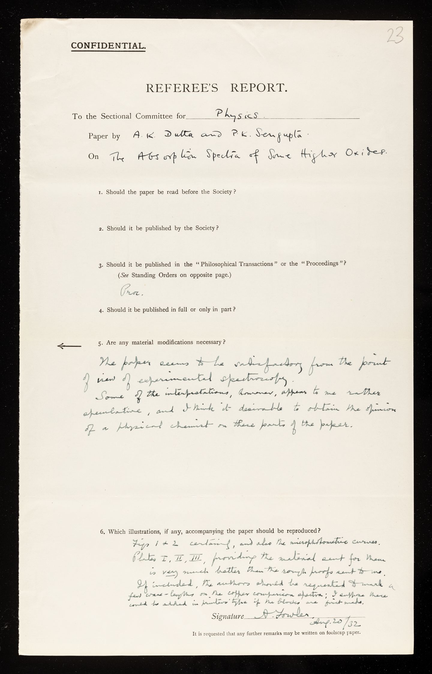 Referee's report by Alfred Fowler, on a paper 'On the absorption ...