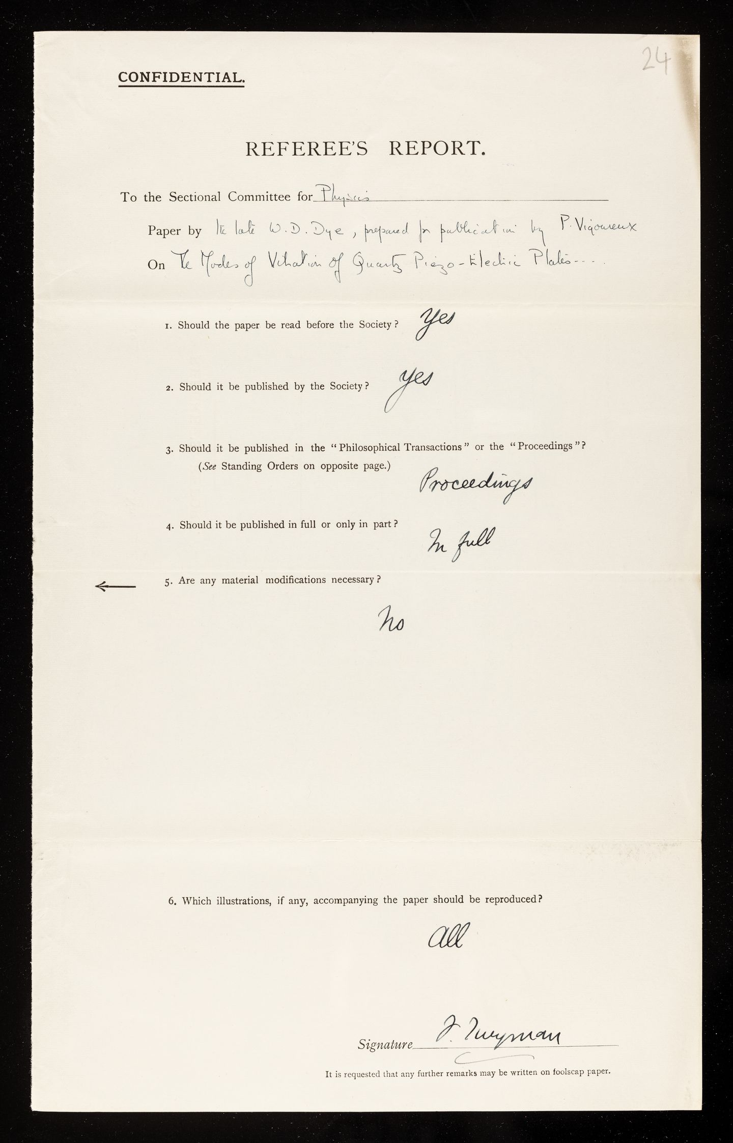 Referee's report by Frank Twyman, on a paper 'The modes of vibration of ...