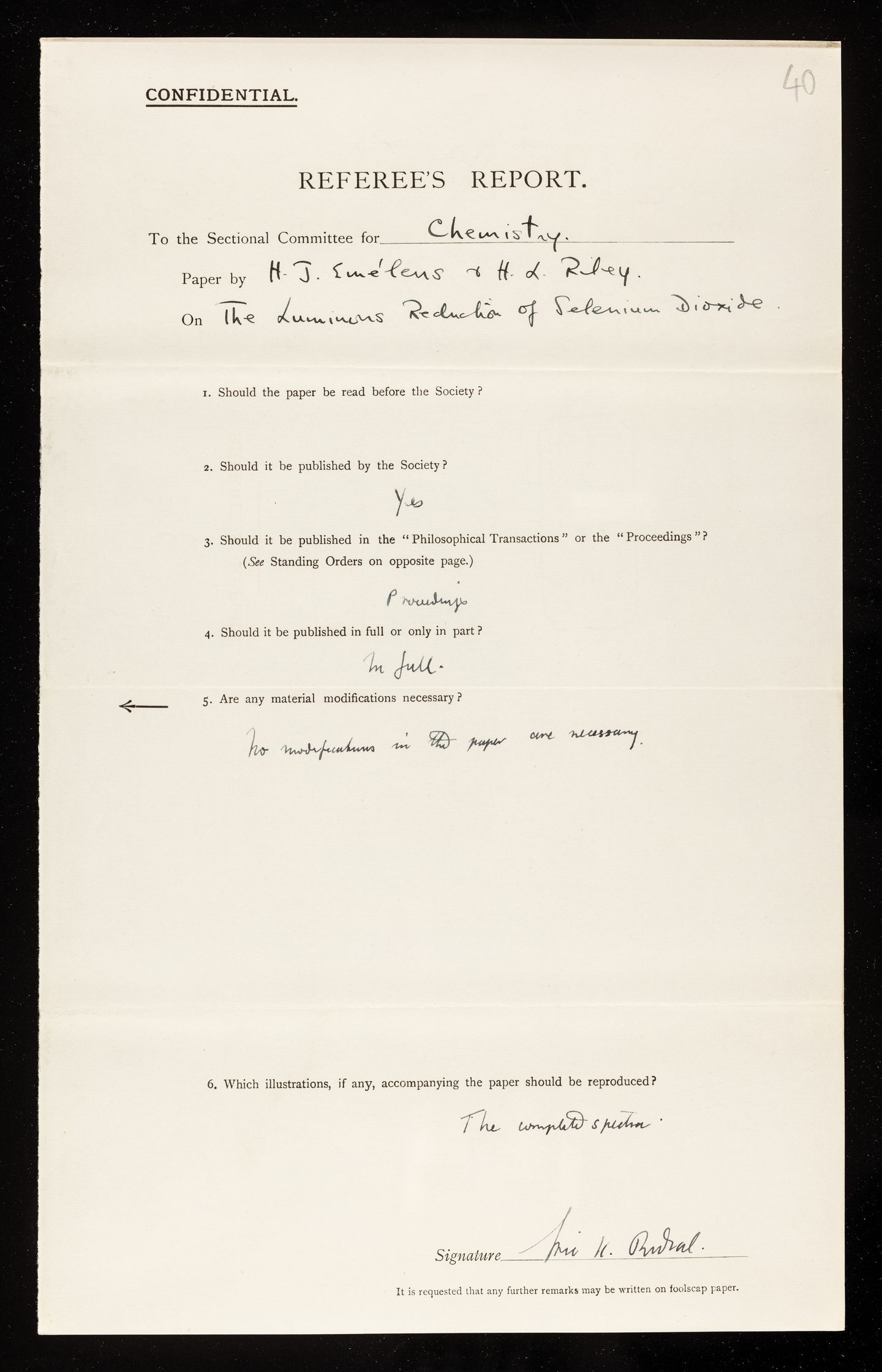 Referee's report by Eric Keightley Rideal, on a paper 'The luminous ...