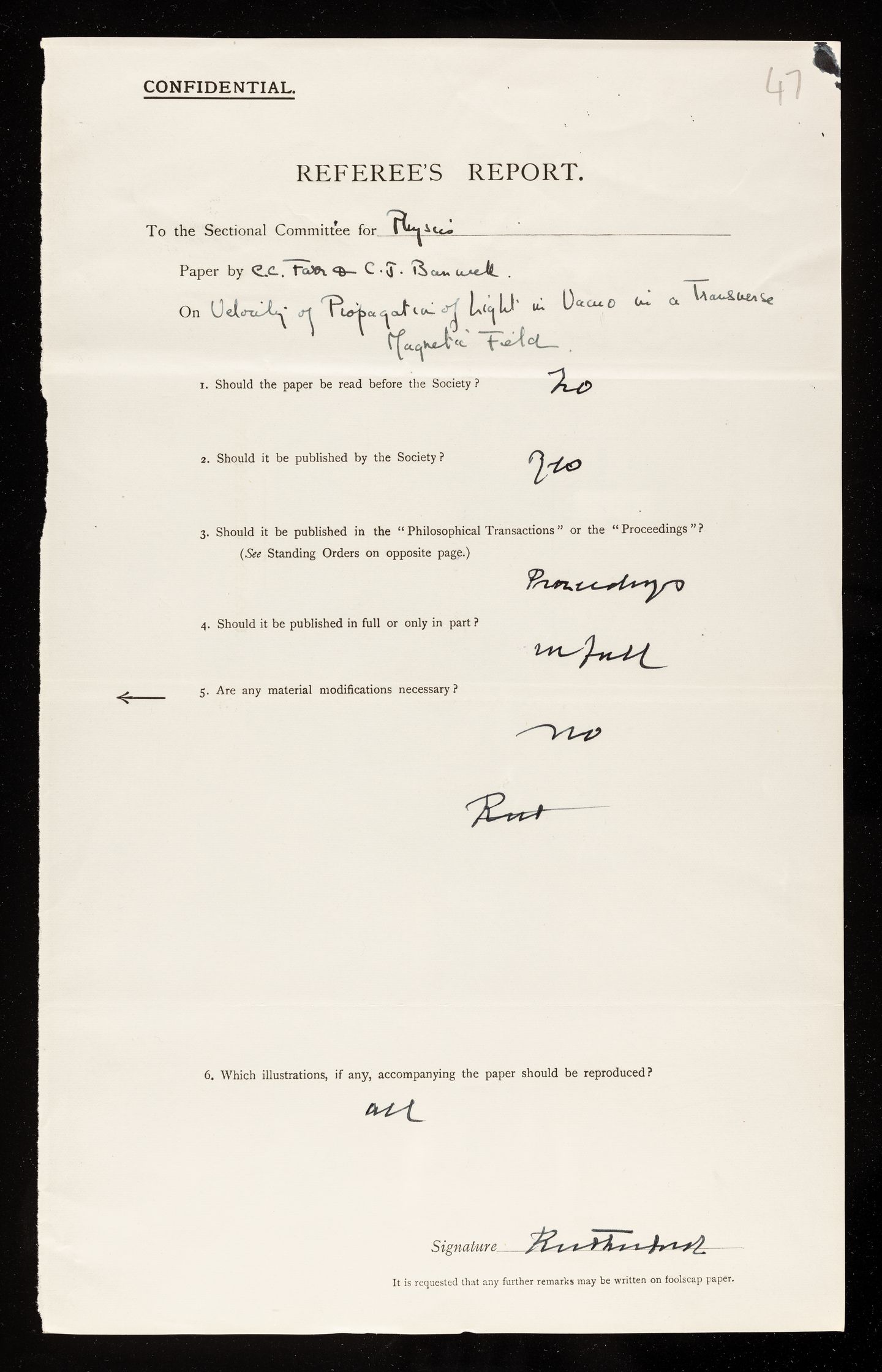 Referee's report by Ernest Rutherford, on a paper 'Velocity of ...