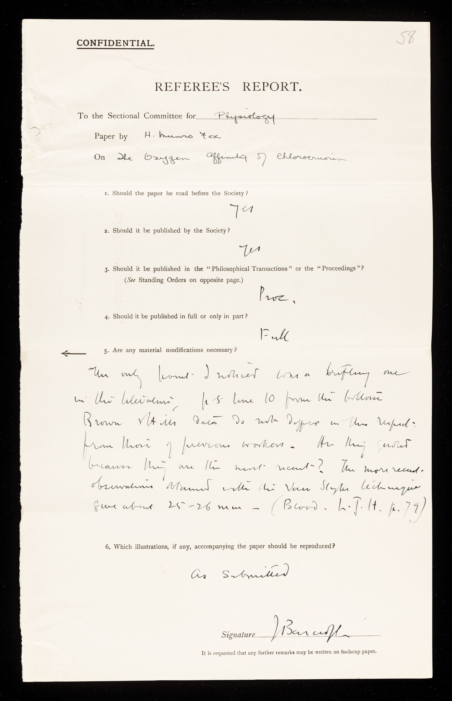 Referee's report by Joseph Barcroft, on a paper 'The oxygen affinity of ...