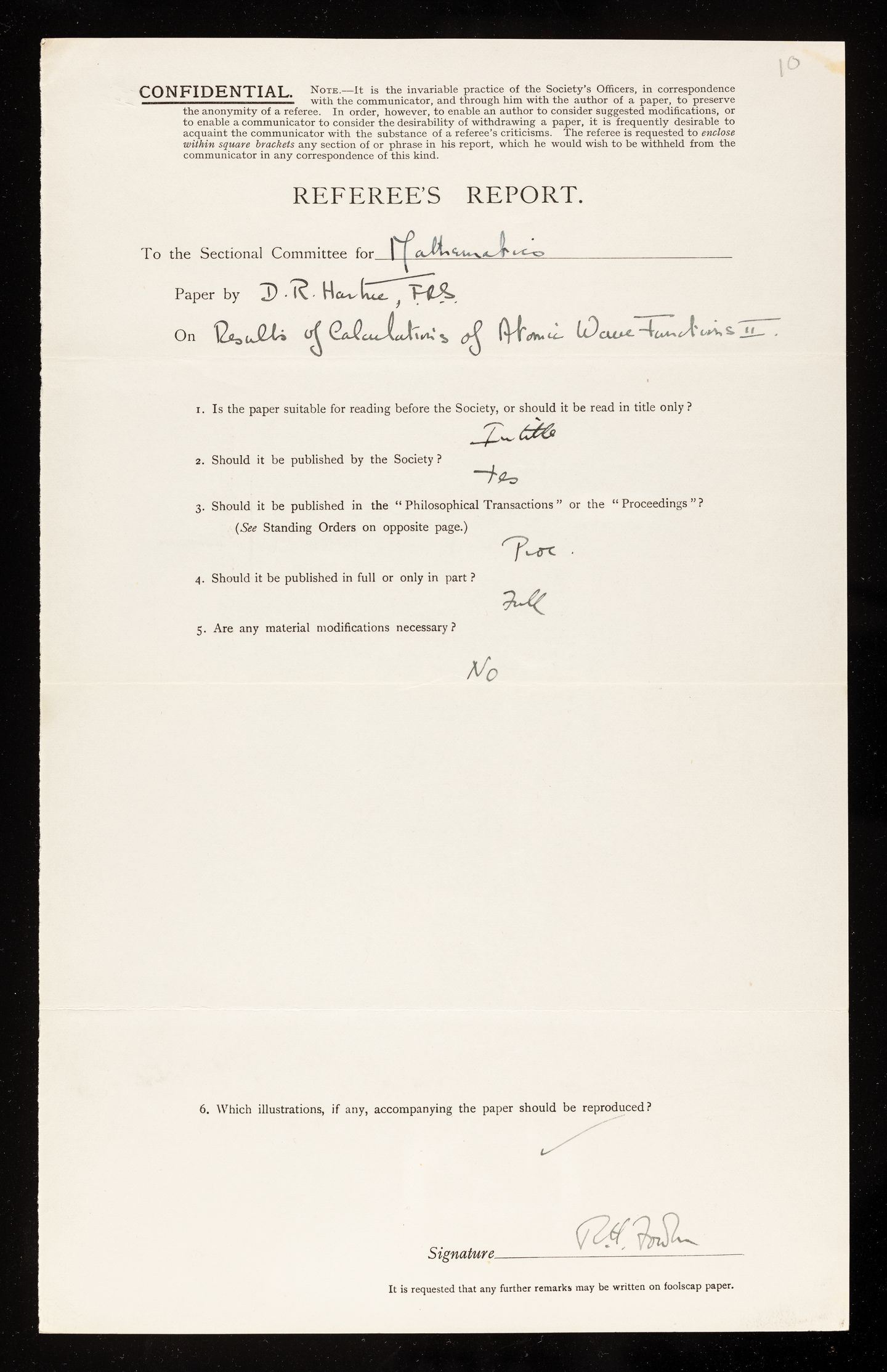 Referee's report by Ralph Howard Fowler, on a paper 'Results of ...