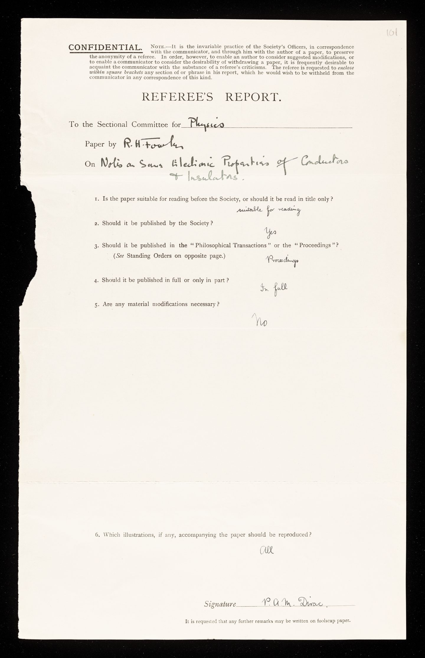 Referee's report by Paul Adrien Maurice Dirac, on a paper 'Notes on ...
