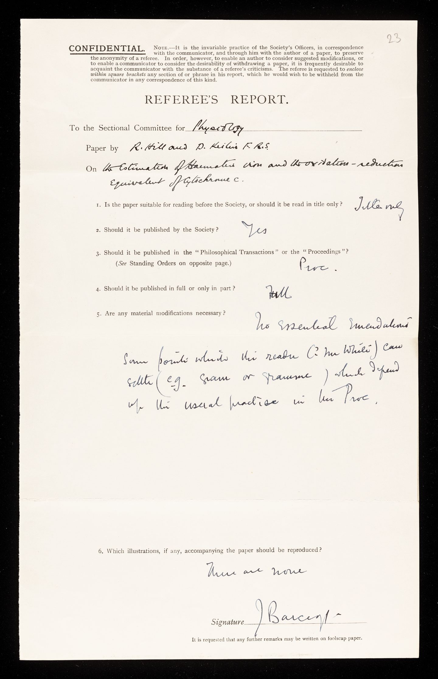 Referee's report by Joseph Barcroft, on a paper 'Estimation of haematin ...