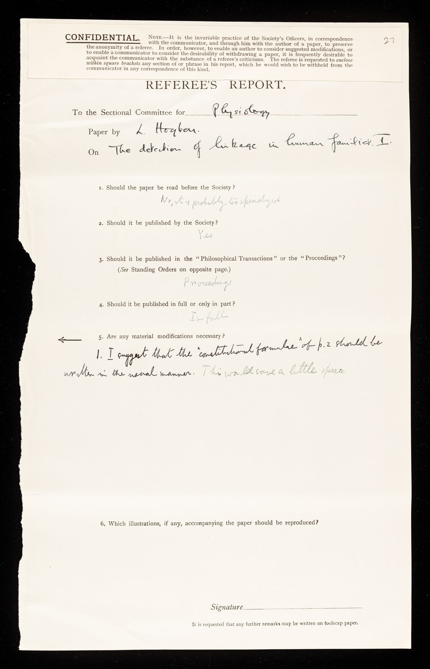 Referee's report by John Burdon Sanderson Haldane, on a paper 'The ...