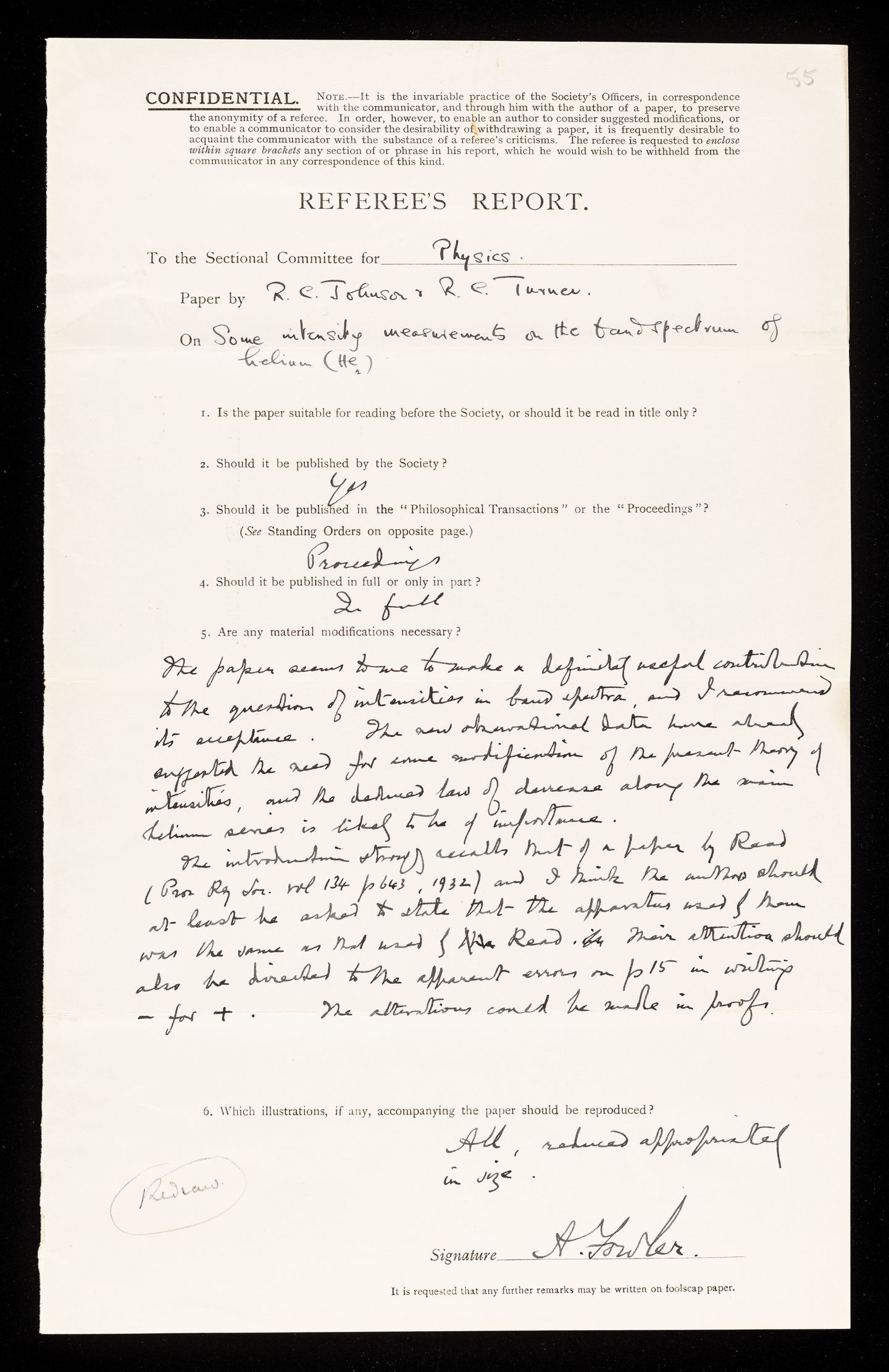 Referee's report by Alfred Fowler, on a paper 'Some intensity ...