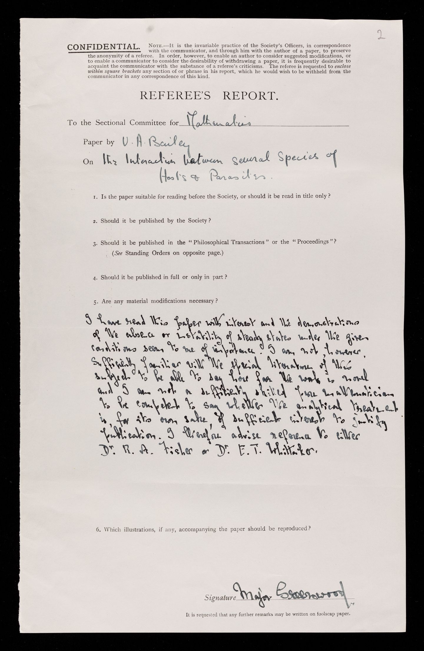 Referee's report by Major Greenwood, on a paper 'On the interaction ...