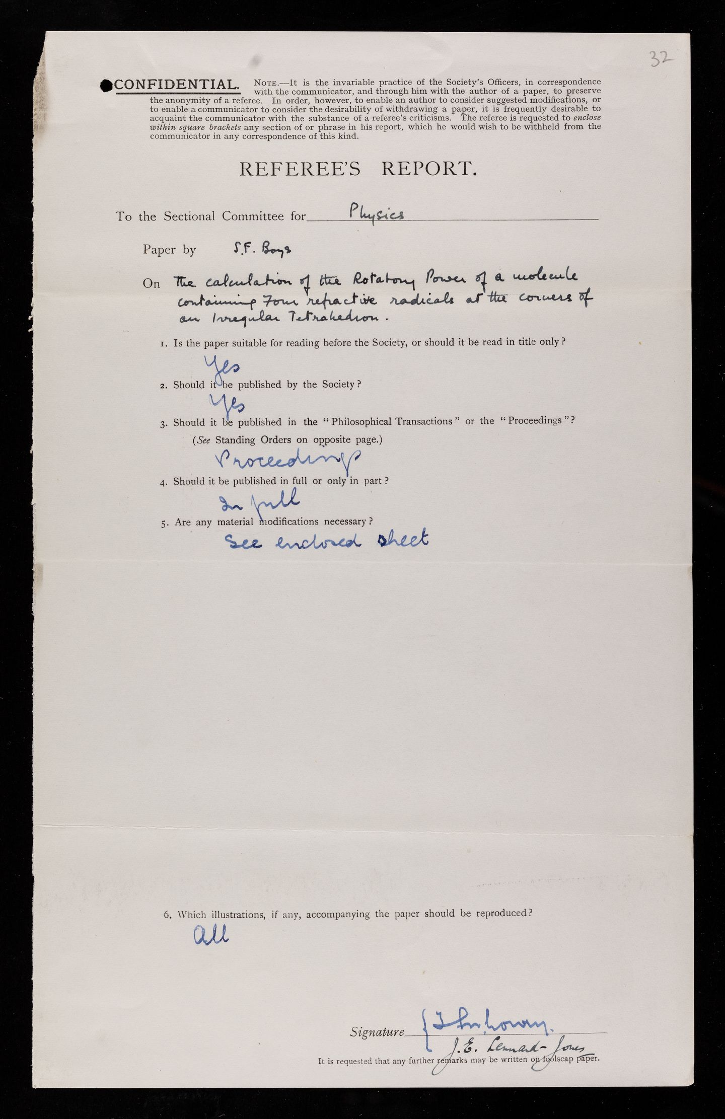 Referee's report by Thomas Martin Lowry and John Edward Lennard-Jones, on two papers 'Optical ...