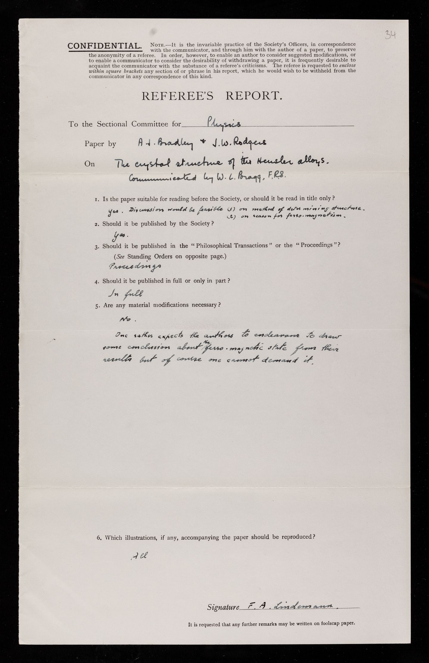 Referee's report by Frederick Alexander Lindemann, Viscount Cherwell ...