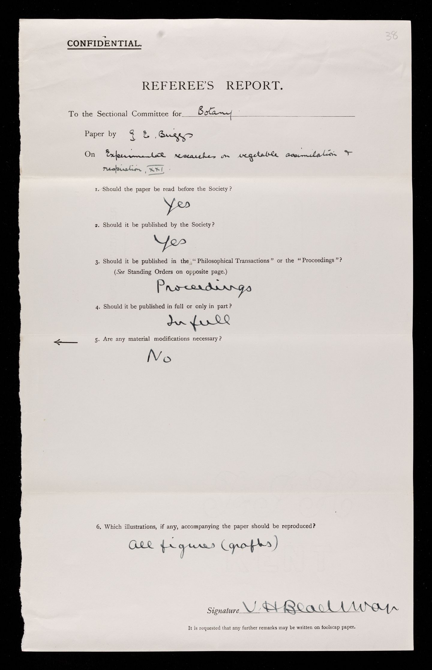 Referee's report by Vernon Herbert Blackman, on a paper 'Experimental researches on vegetable ...