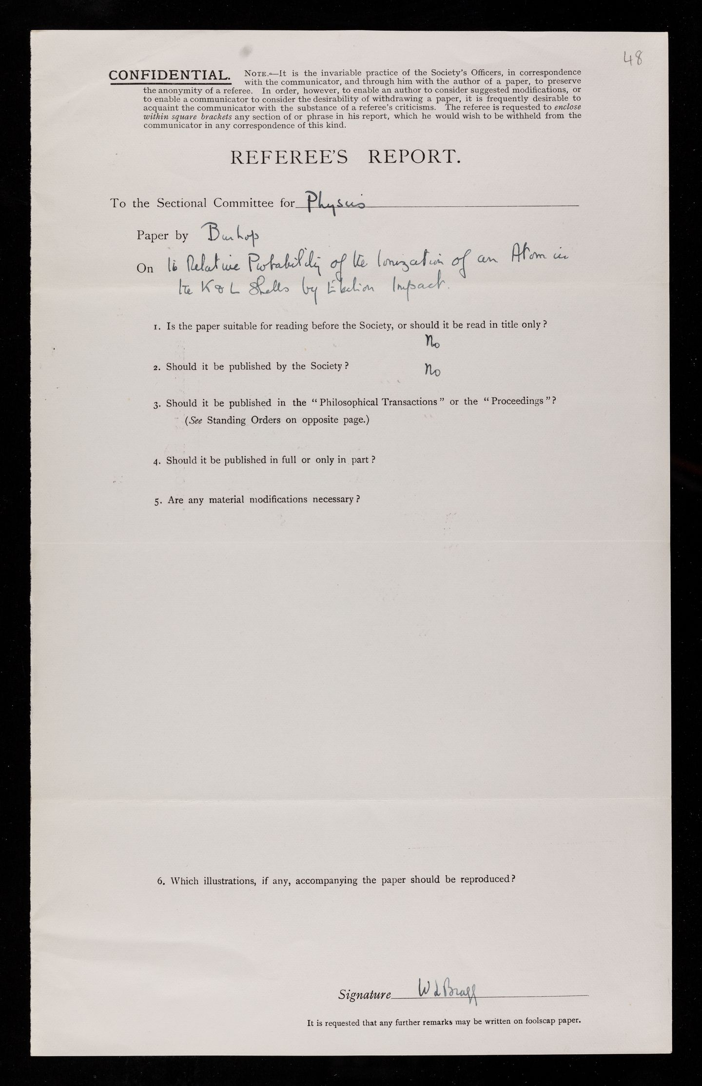 Referee's report by William Lawrence Bragg, on a paper 'On the relative ...