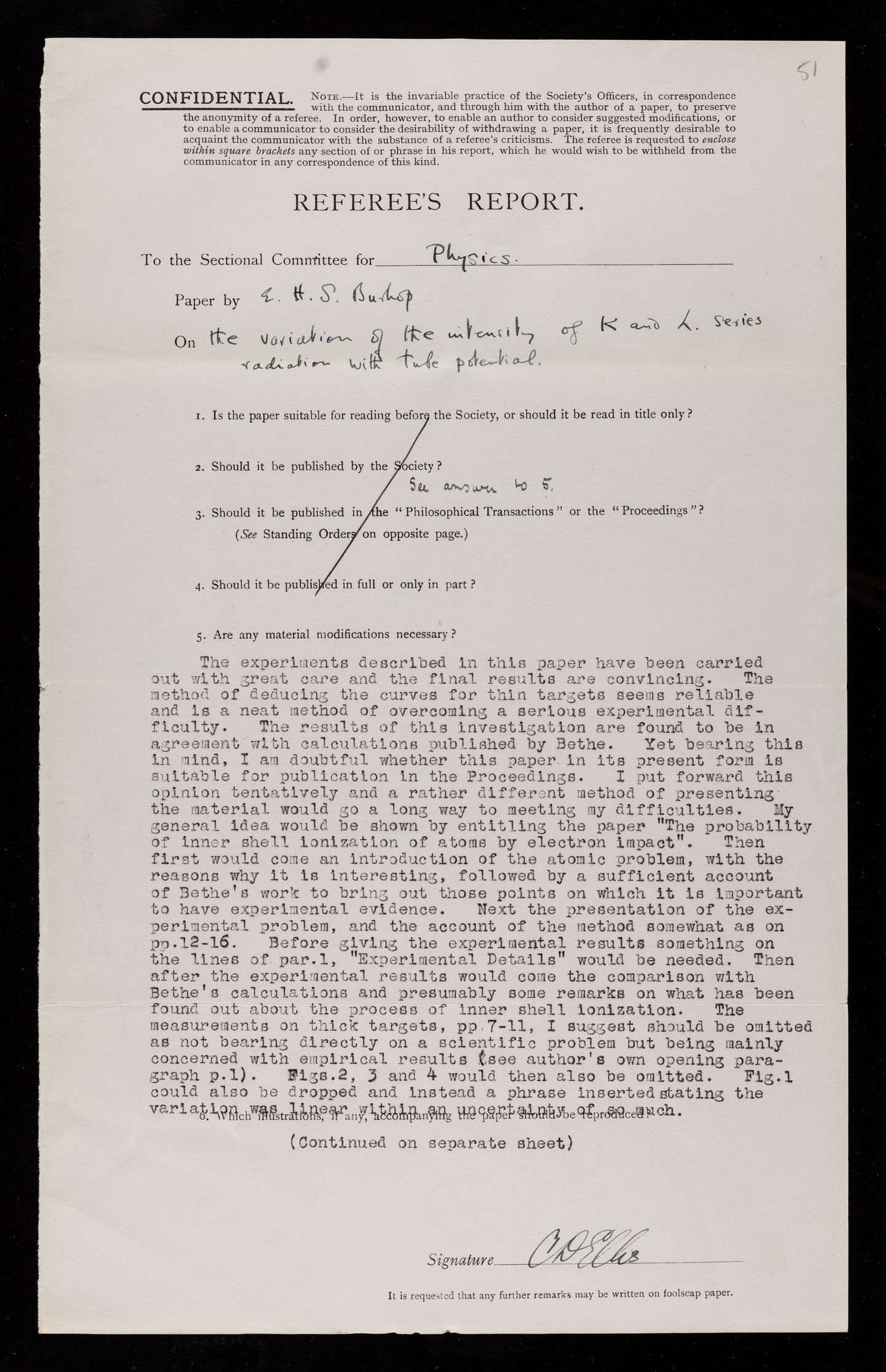 Referee's report by Cecil Drummond Ellis, on a paper 'On the variation ...