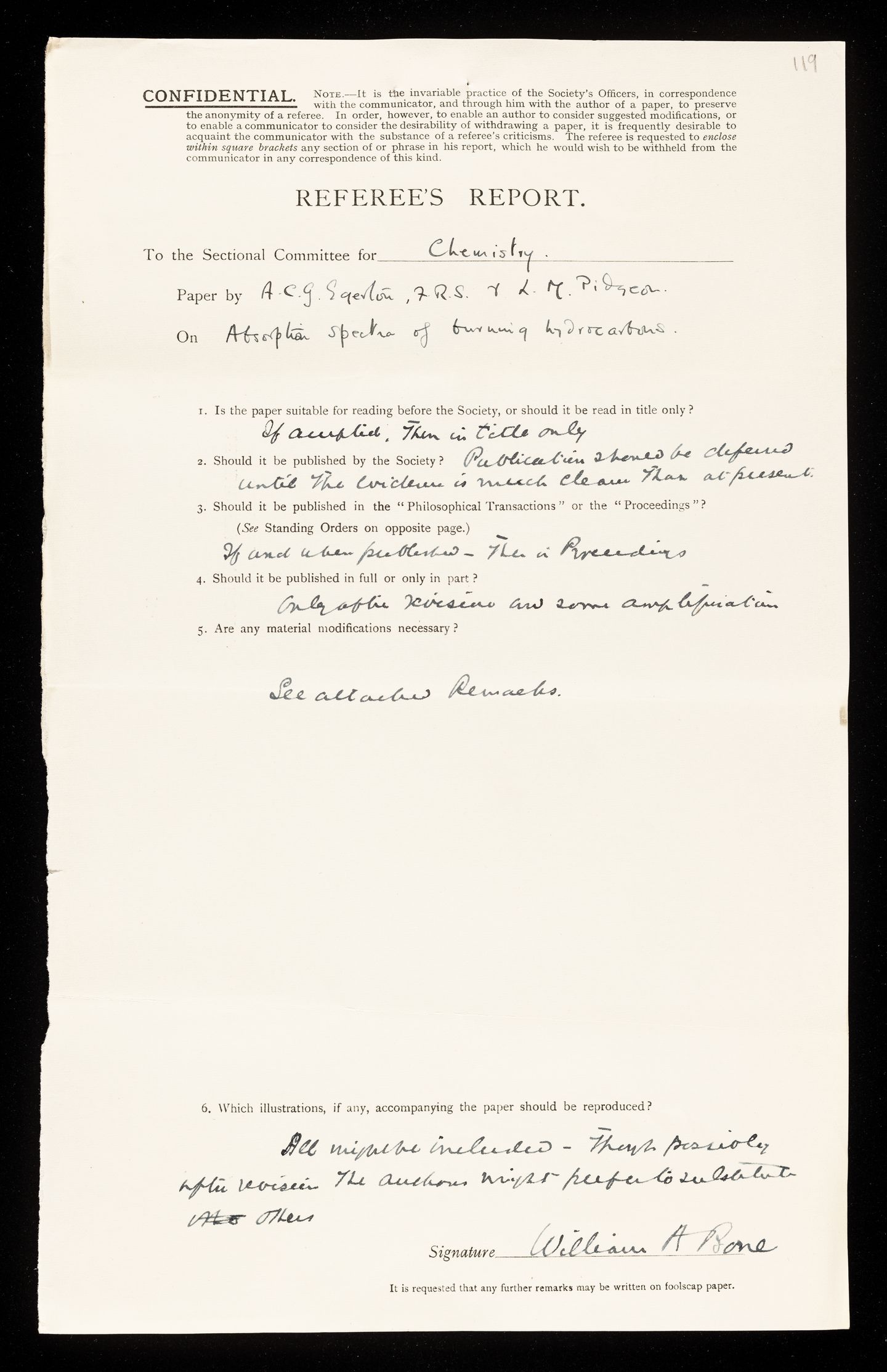 Referee's report by William Arthur Bone, on a paper 'Absorption spectra ...