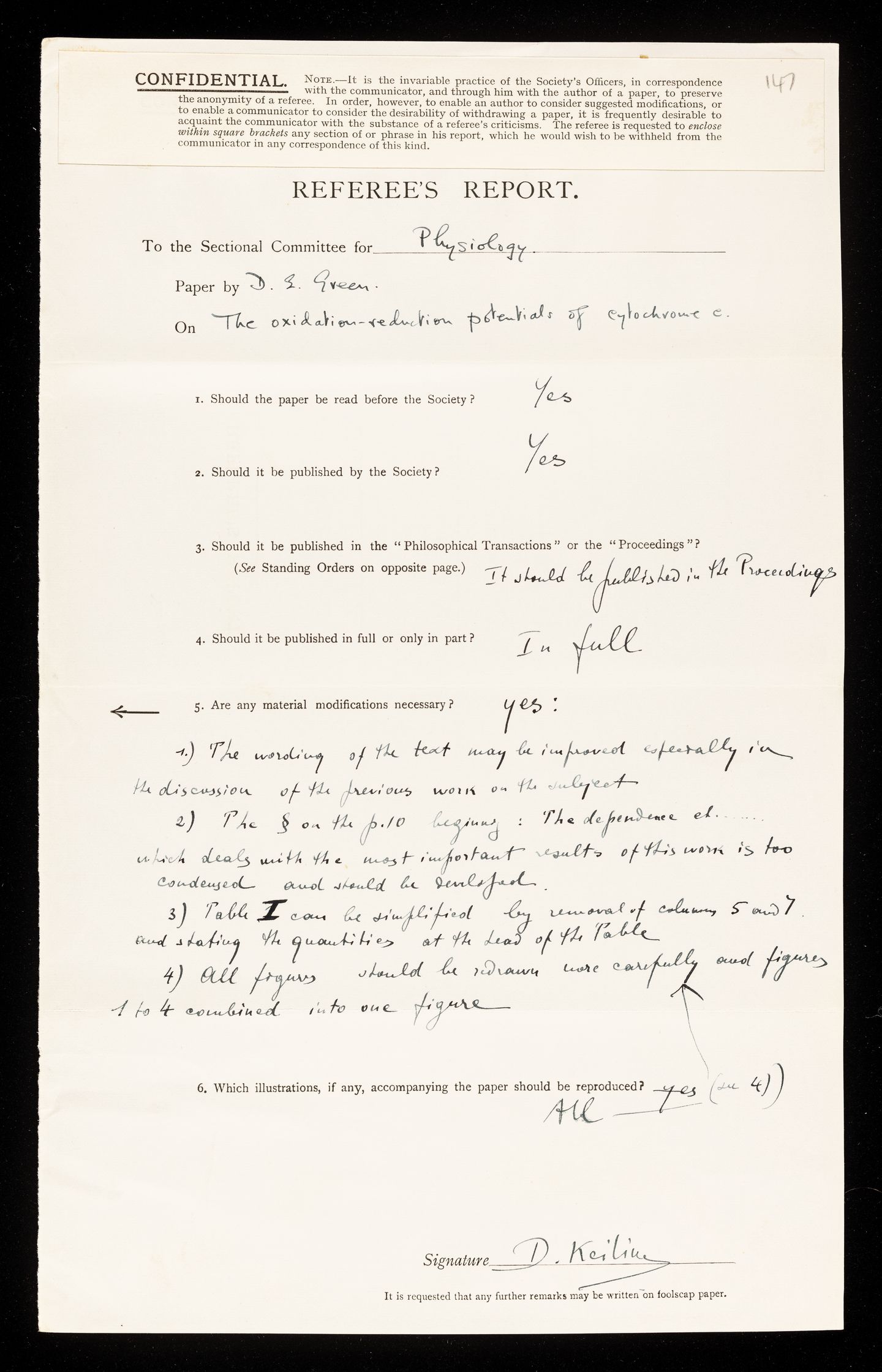 Referee's report by David Keilin, on a paper 'The oxidation-reduction ...