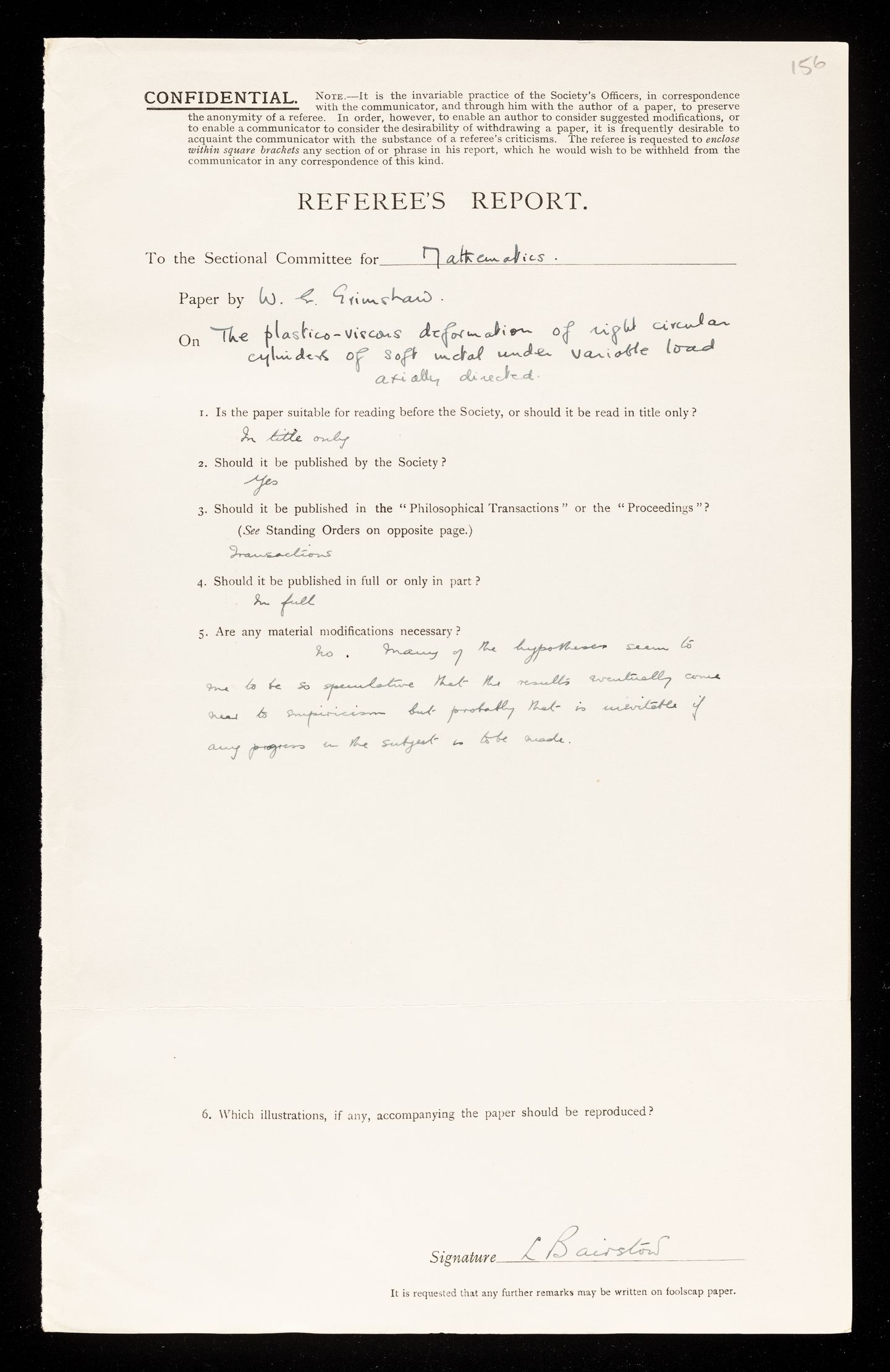 Referee's report by Leonard Bairstow, on a paper 'The plastico-viscous ...