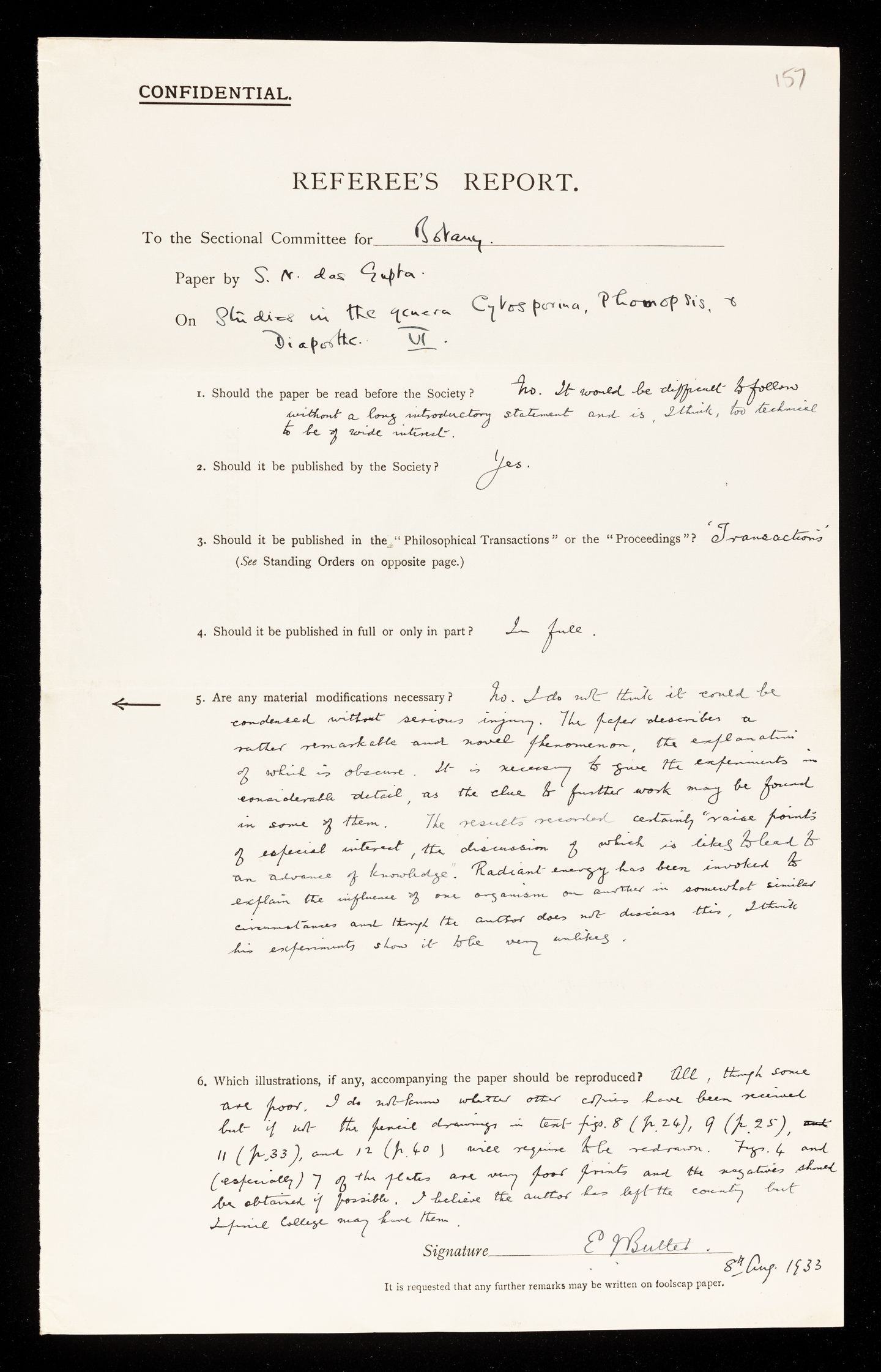 Referee's report by Edwin John Butler, on a paper 'Studies in the ...