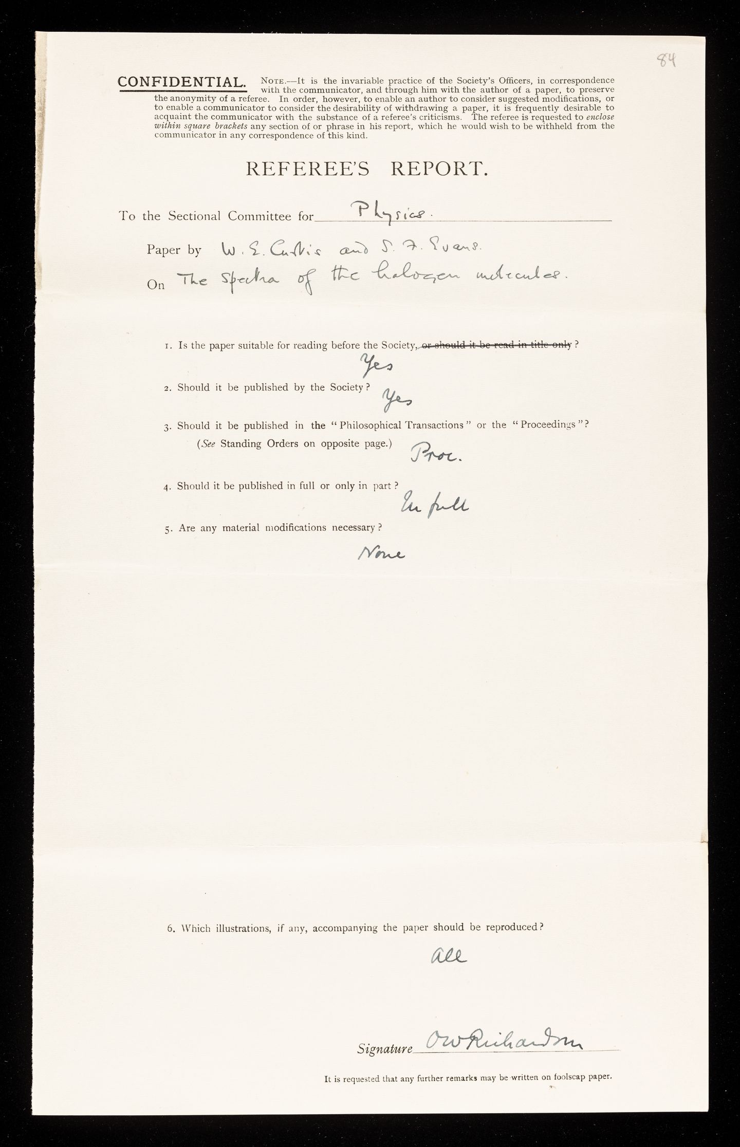 Referee's report by Owen Willans Richardson, on a paper 'The spectra of ...