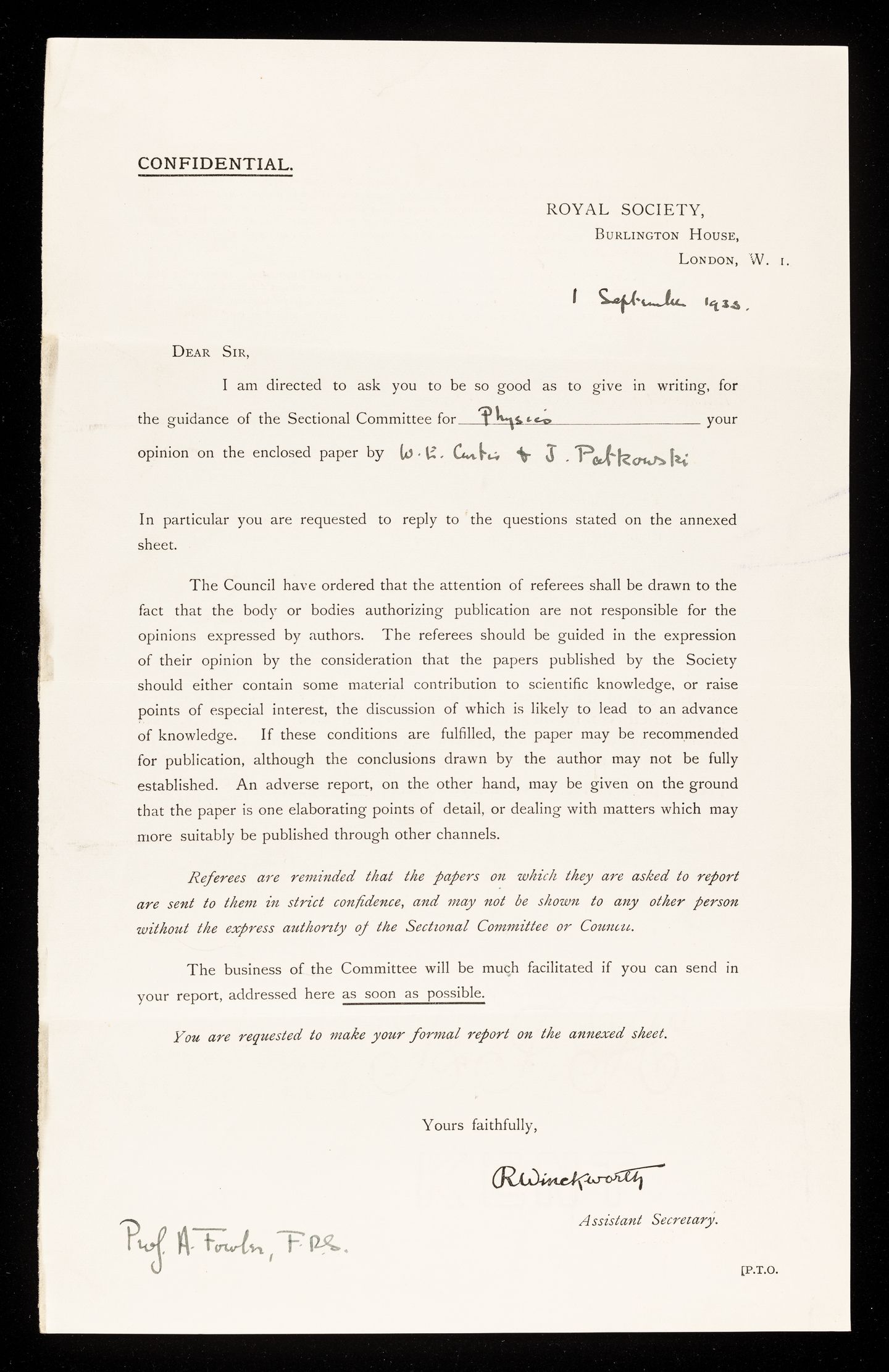 Referee's report by Alfred Fowler, on a paper 'Rotational anaylsis of ...