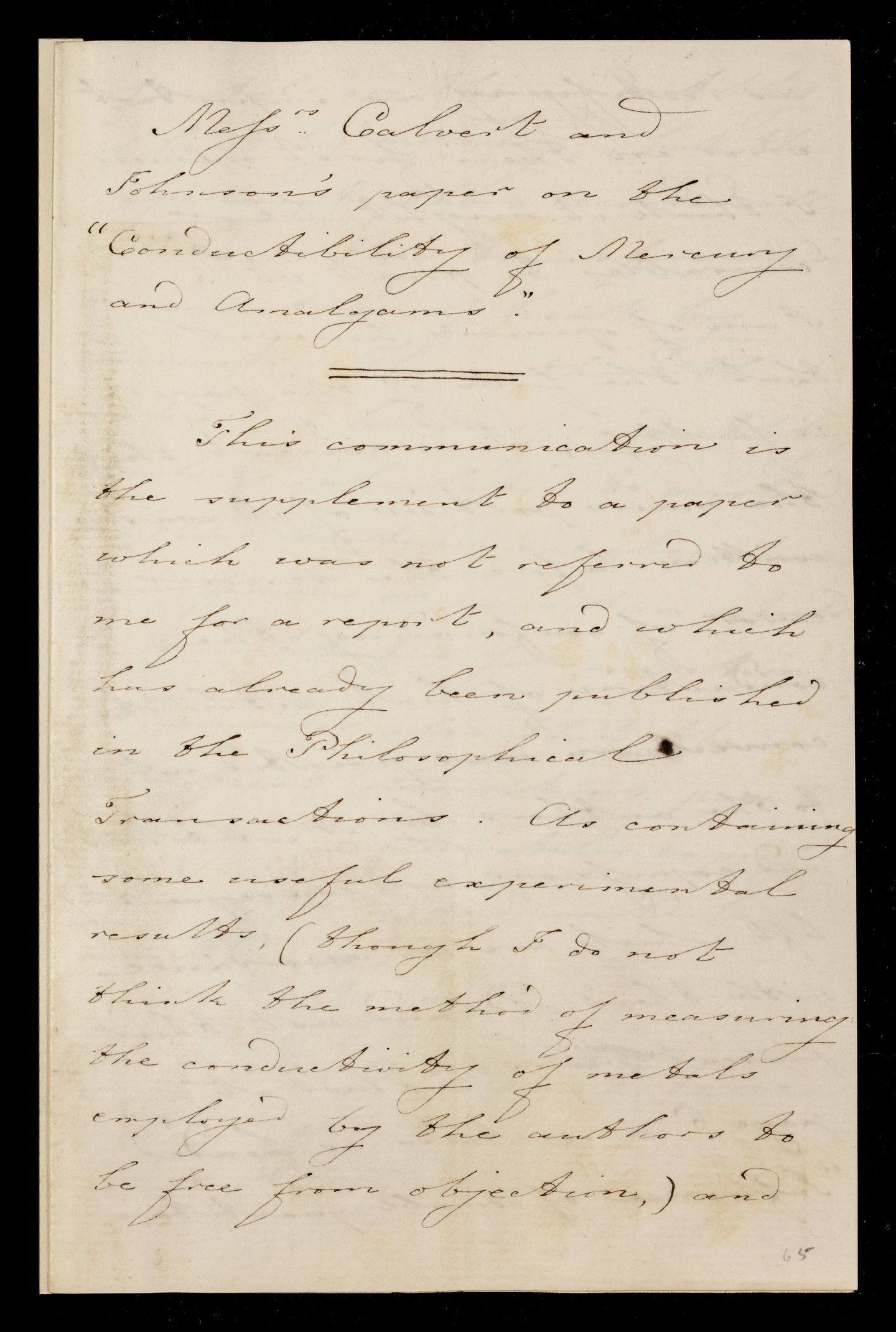 Referee's report by Charles Wheatstone, on a paper 'Conductibility of ...