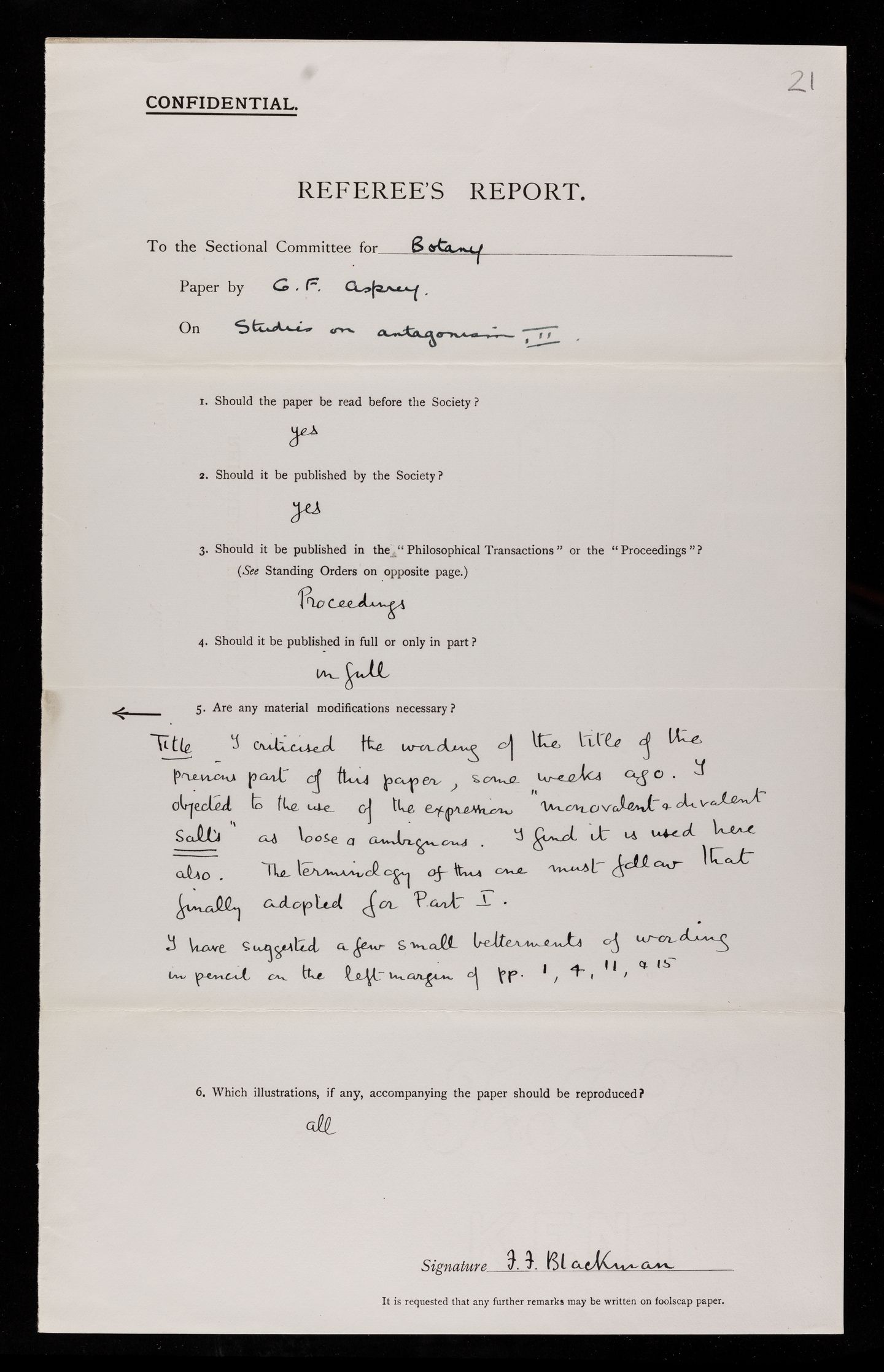 Referee's report by Frederick Frost Blackman, on a paper 'Studies on antagonism. II.—The effect ...