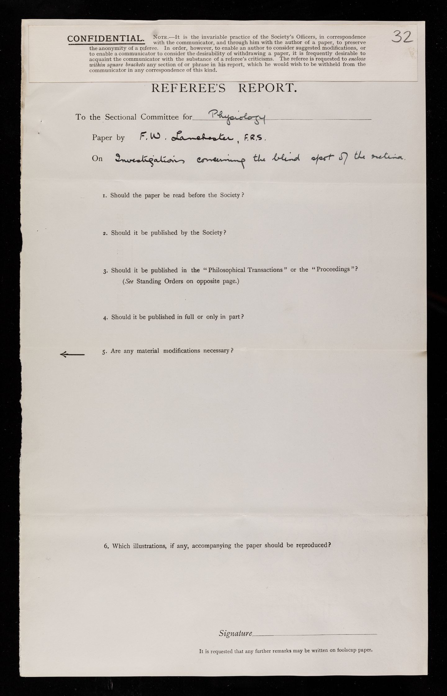 Referee's report by John Herbert Parsons, on a paper 'Investigations concerning the blind spot ...