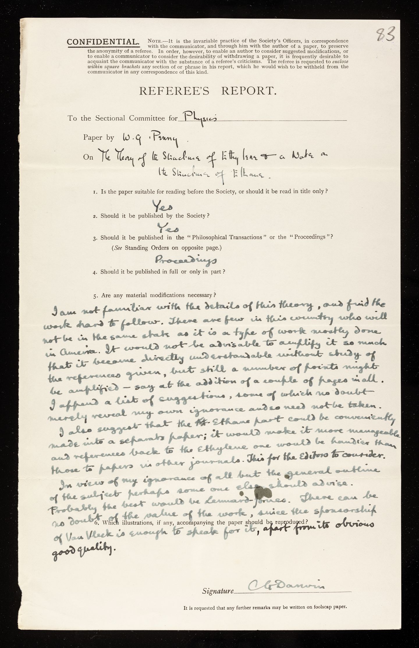 Referee's report by Charles Galton Darwin, on a paper 'The theory of ...