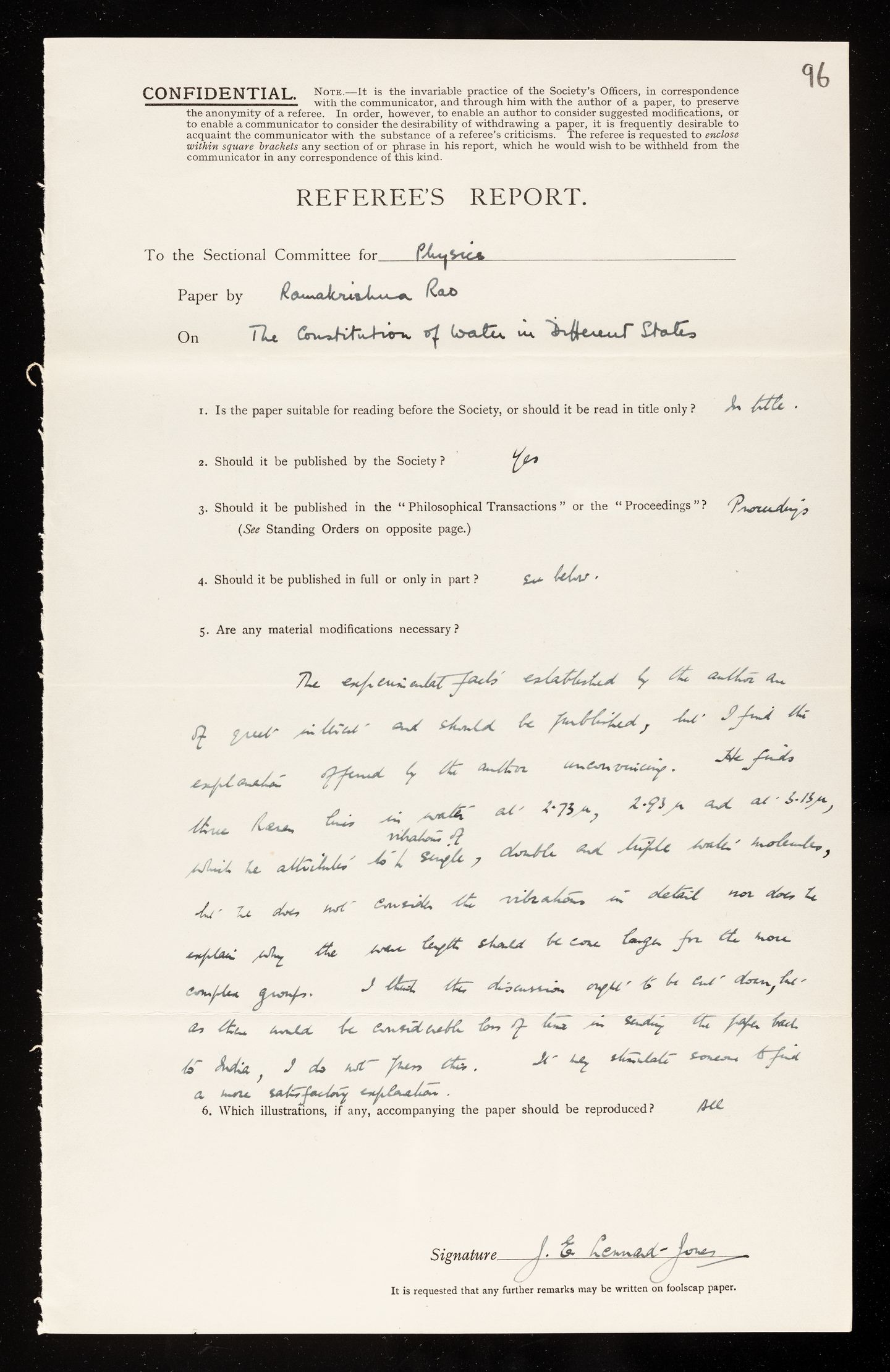 Referee's report by John Edward Lennard-Jones, on a paper 'The constitution of water in ...