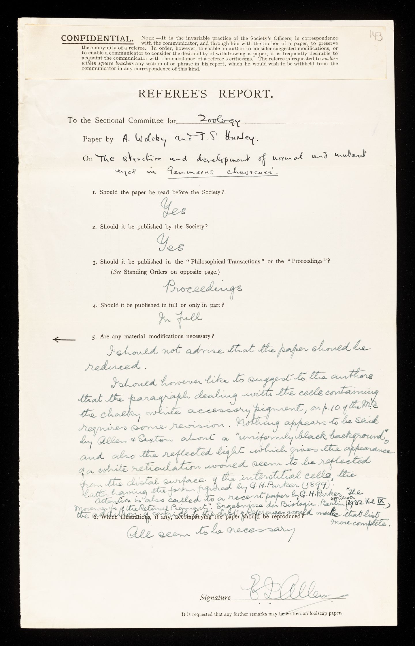 Referee's report by Edgar Johnson Allen, on a paper 'The structure and ...