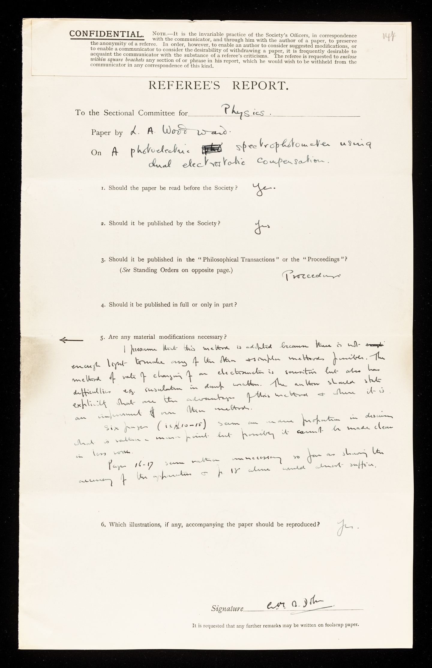 Referee's report by Gordon Miller Bourne Dobson, on a paper 'A ...