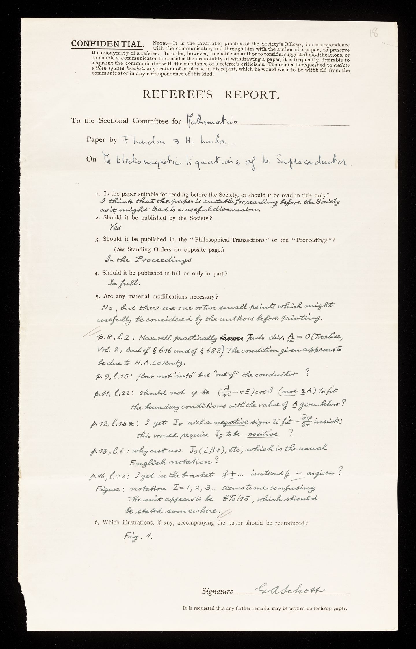 Referee's report by George Adolphus Schott, on a paper 'The ...