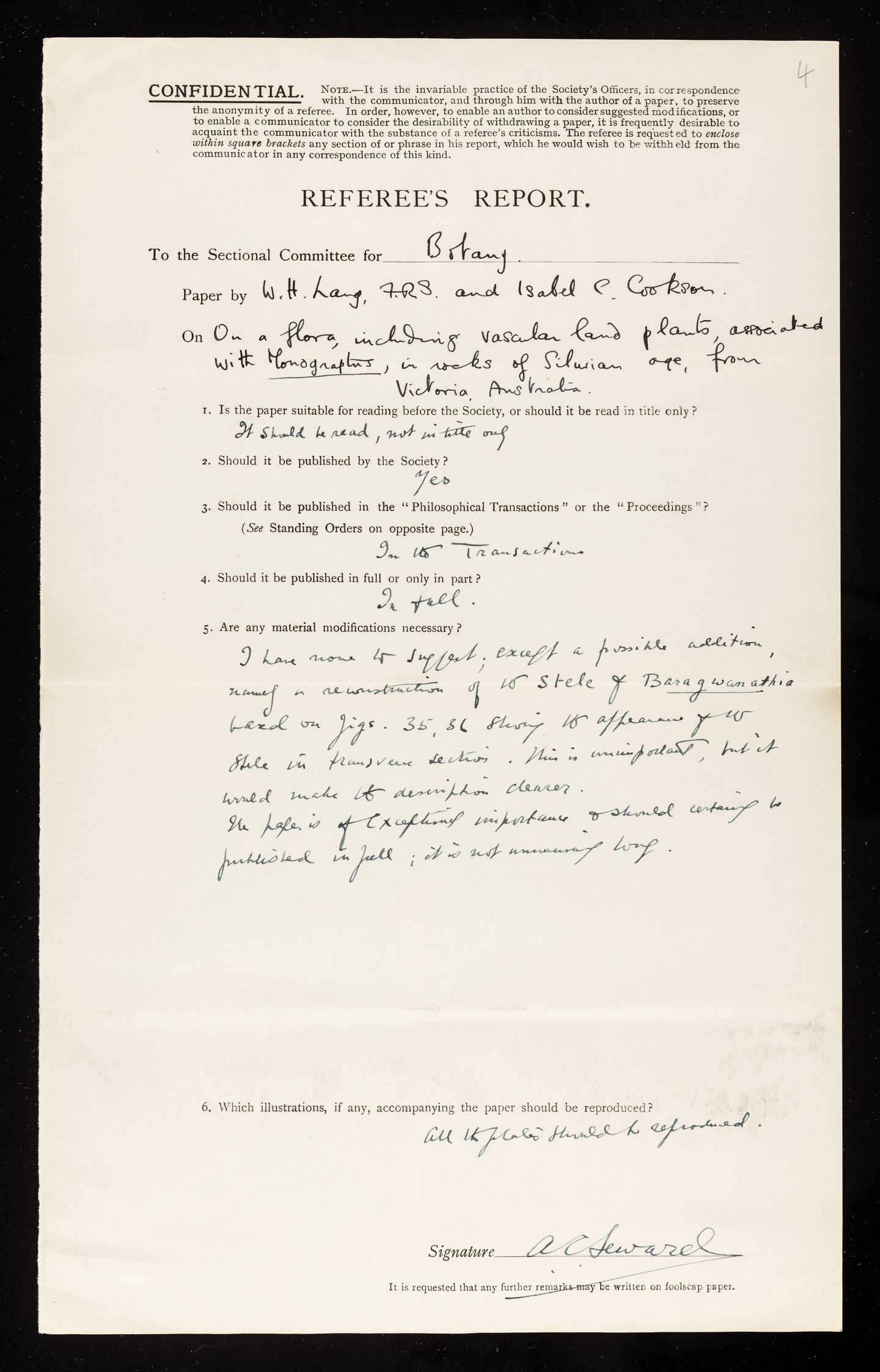 Referee's report by Albert Charles Seward, on a paper 'On a flora, including vascular land ...