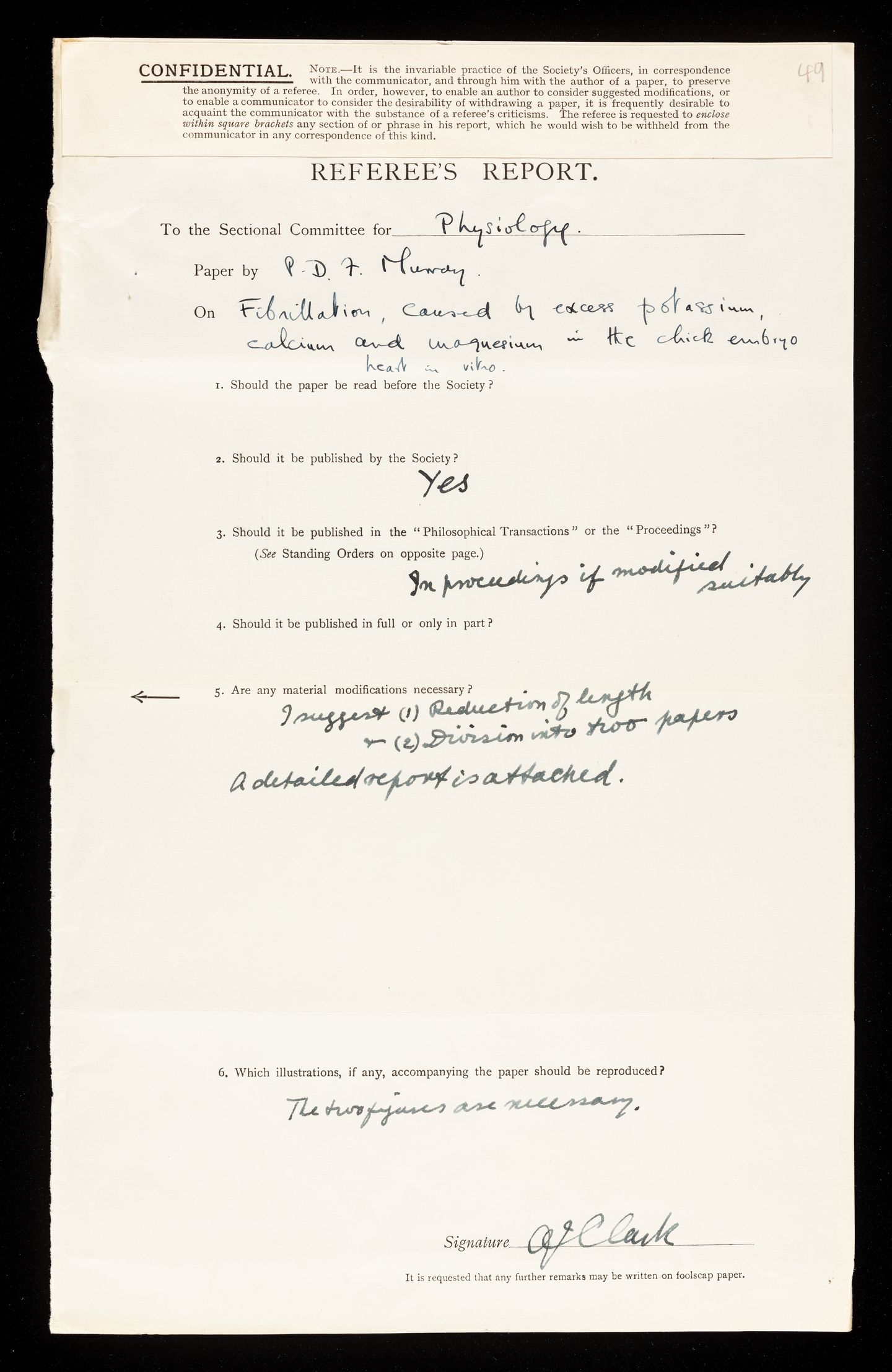 Referee's report by Alfred Joseph Clark, on a paper 'Fibrillation in ...