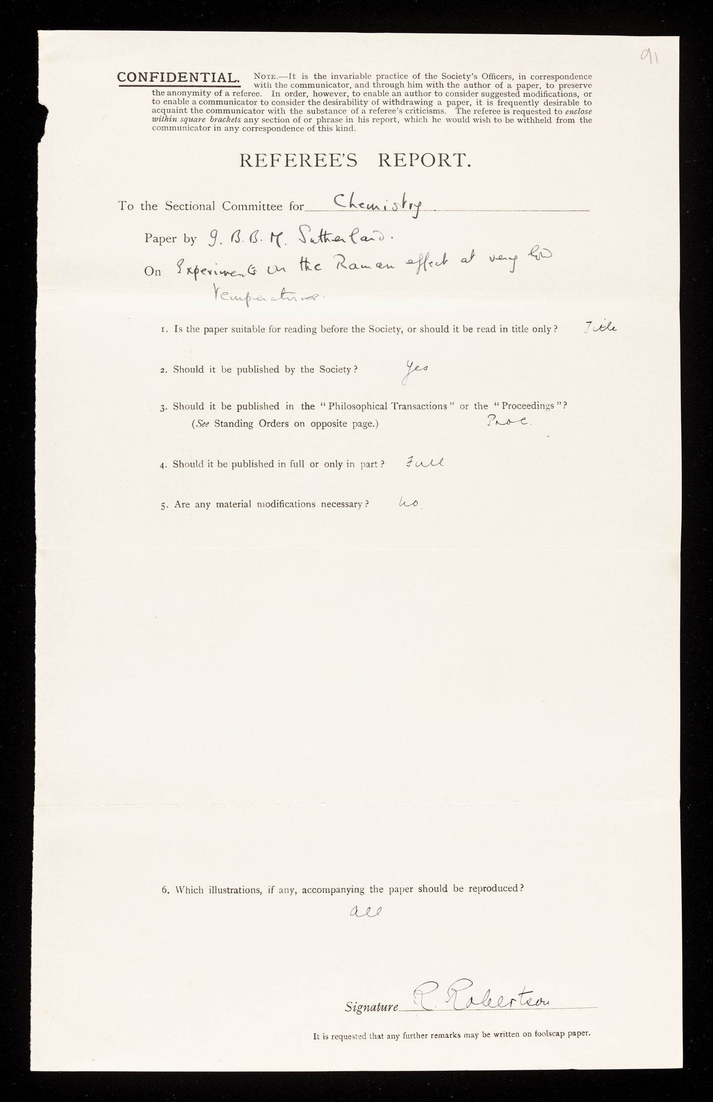 Referee's report by Robert Robertson, on a paper 'Experiments on the ...