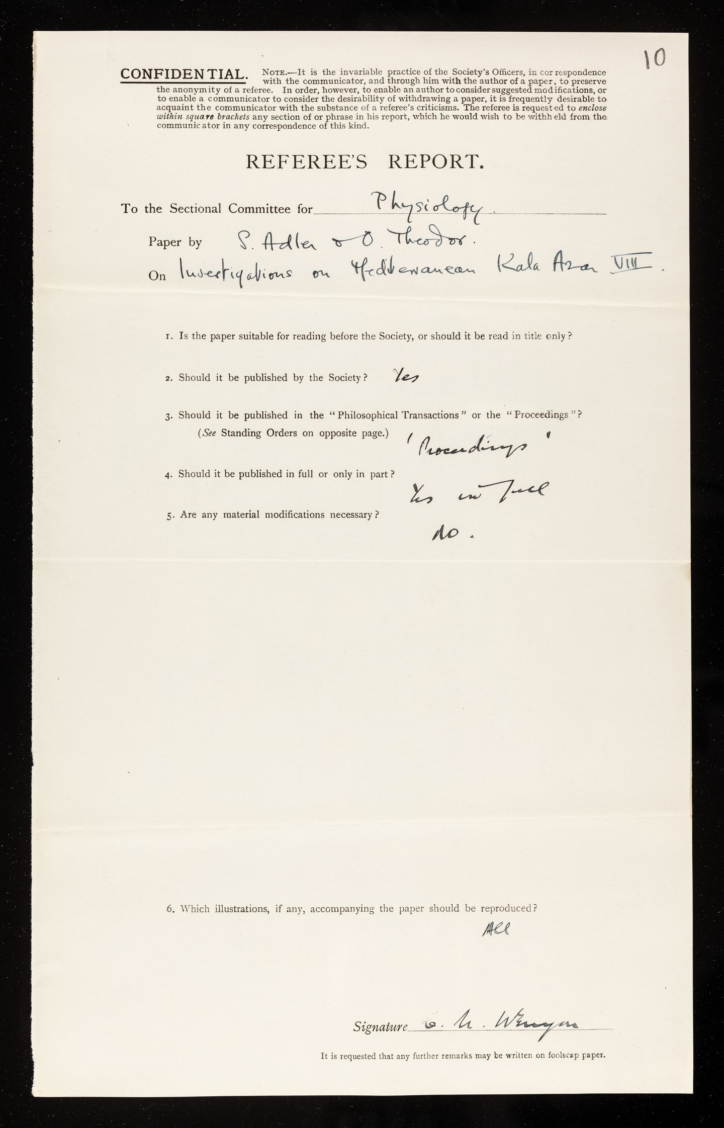 Referee's report by Charles Morley Wenyon, on a paper 'Investigation on ...