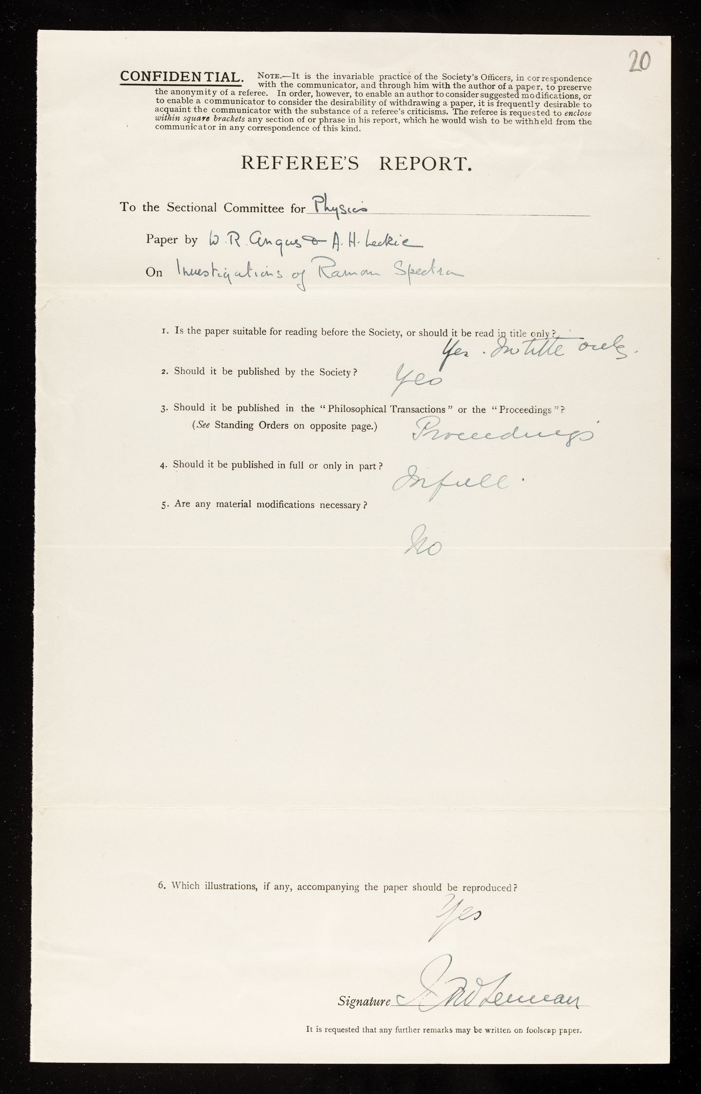 Referee's report by John Cunningham McLennan, on a paper 'Investigations of Raman spectra Part I ...