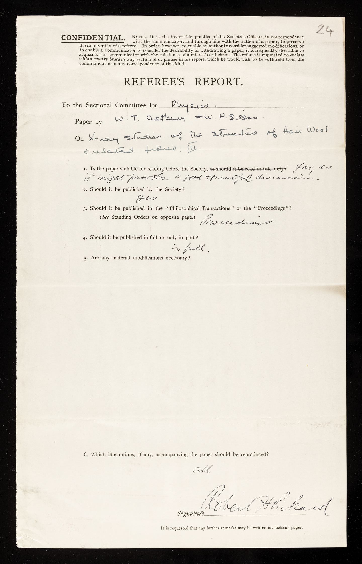 Referee's report by Robert Howson Pickard, on a paper 'X-ray studies of ...