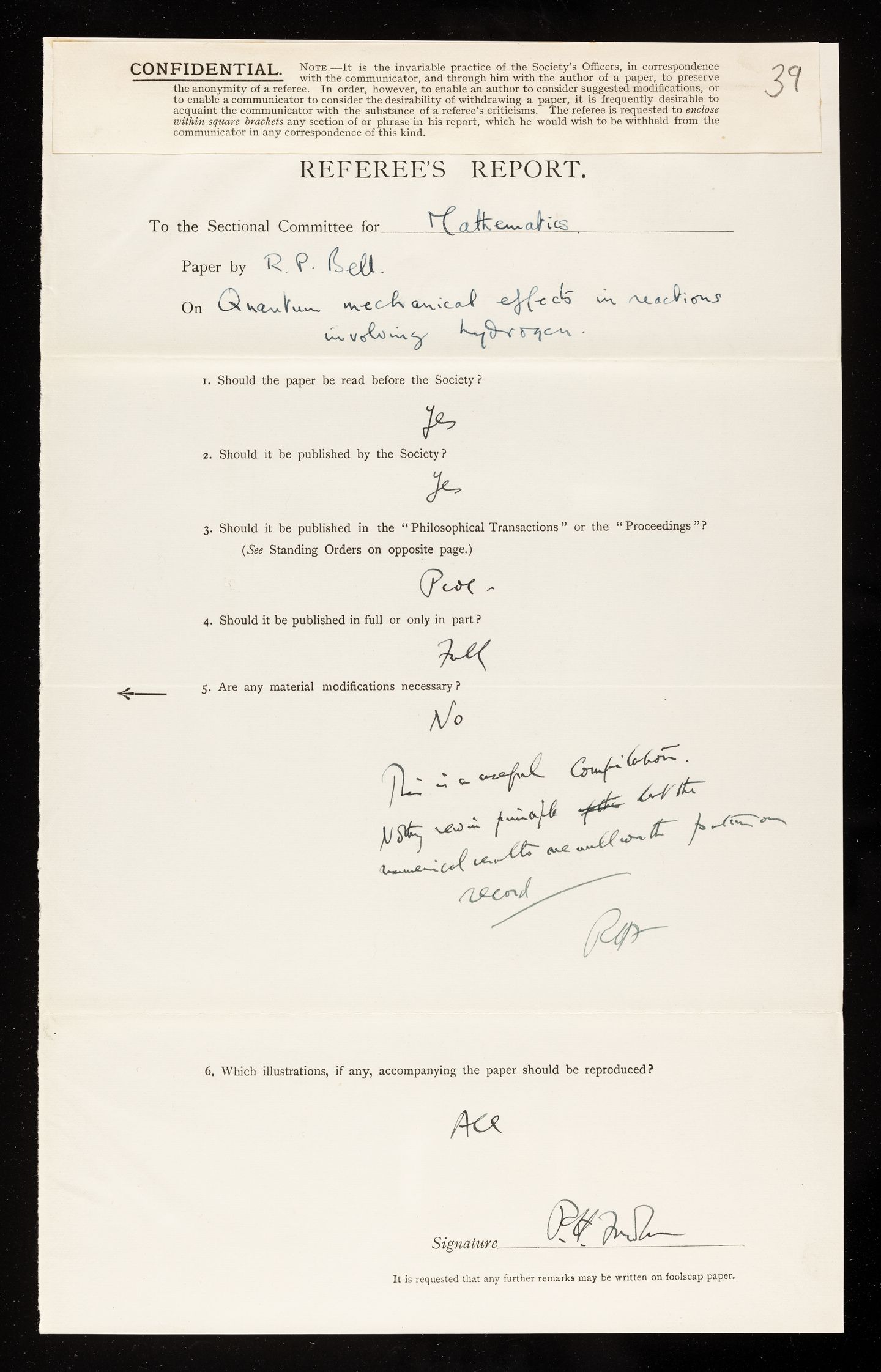 Referee's report by Ralph Howard Fowler, on a paper 'Quantum mechanical ...