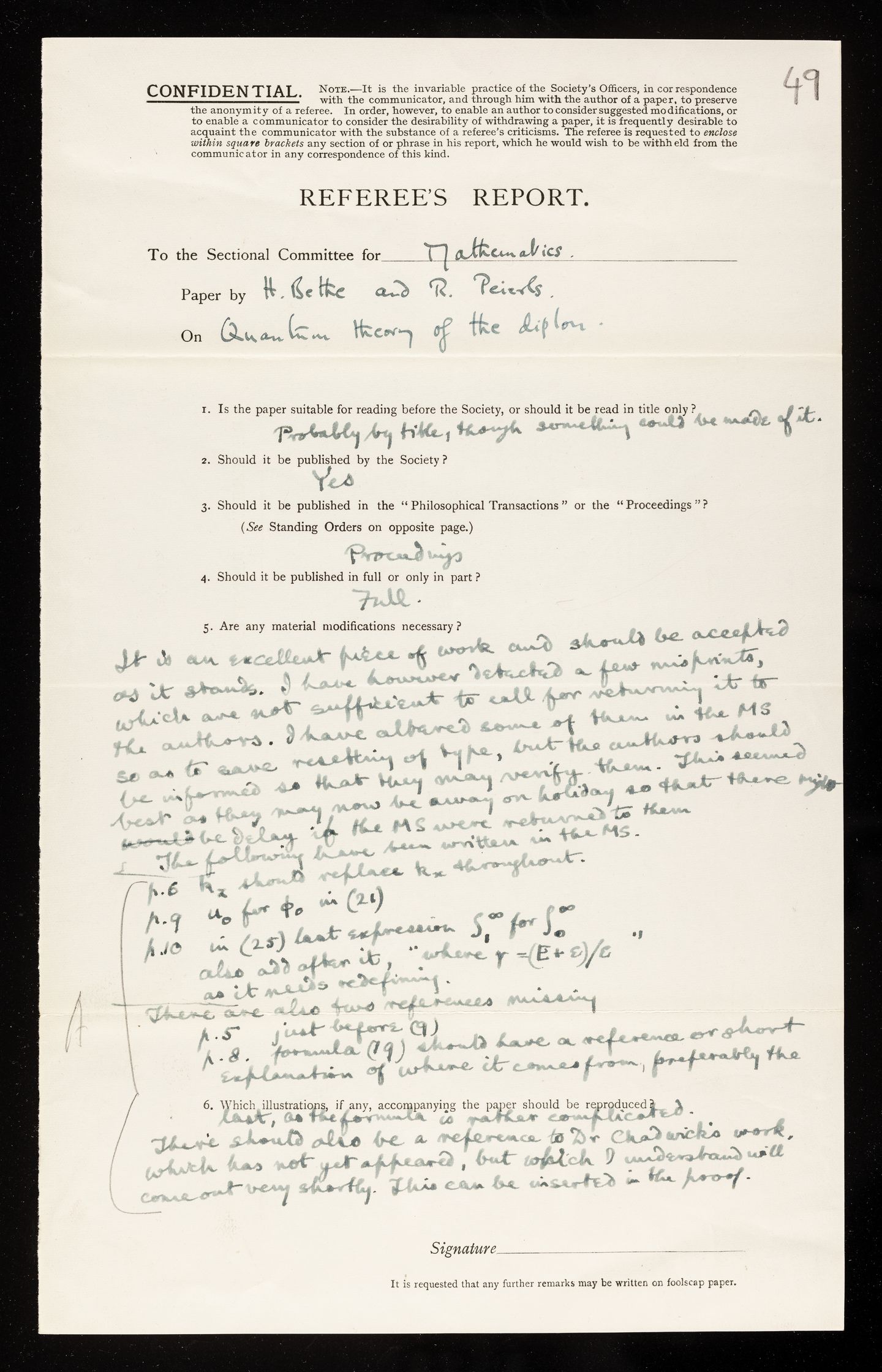 Referee's report by Charles Galton Darwin, on a paper 'Quantum theory ...