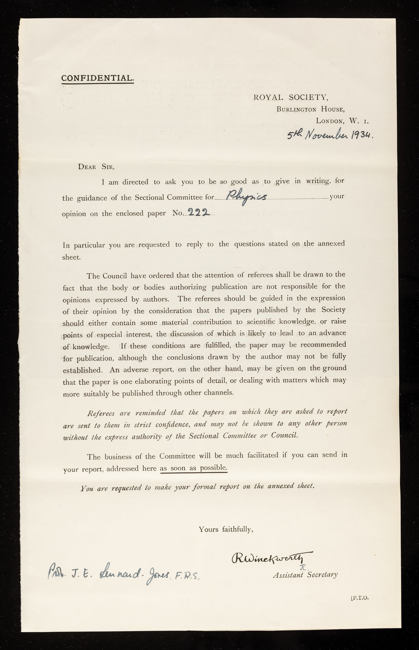Referee's report by John Edward Lennard Jones, on a paper 'Contributions to the theory of ...