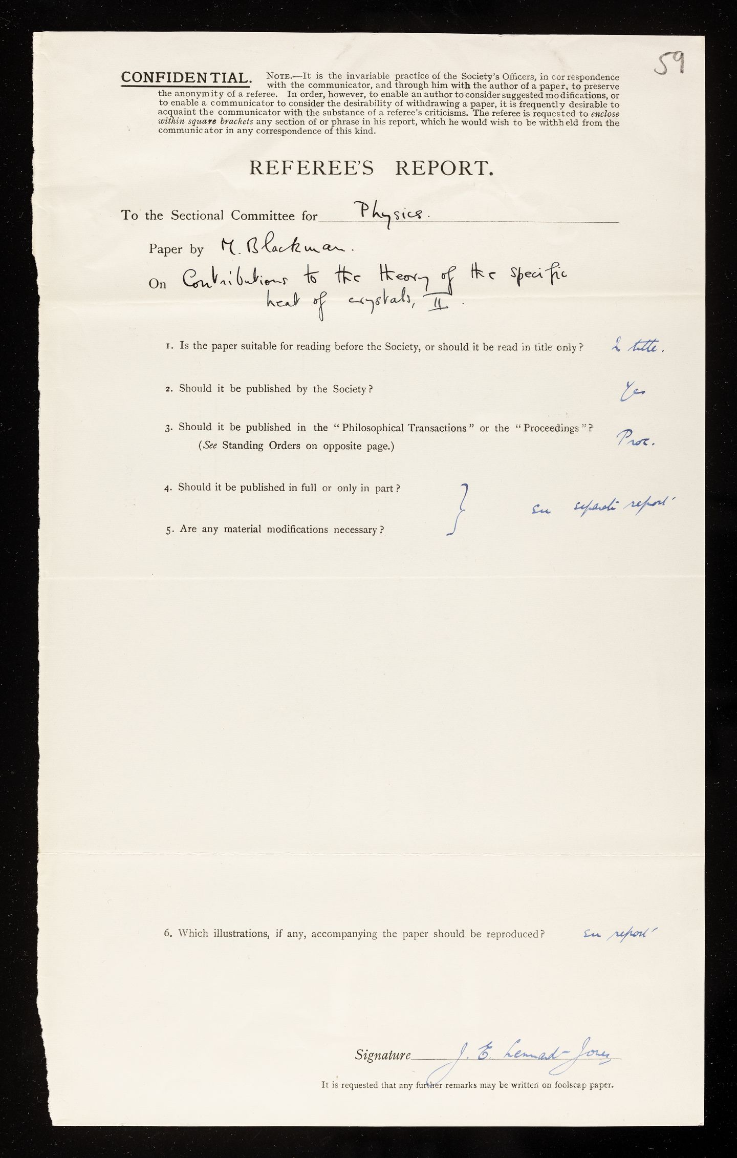 Referee's report by John Edward Lennard Jones, on a paper 'Contributions to the theory of the ...