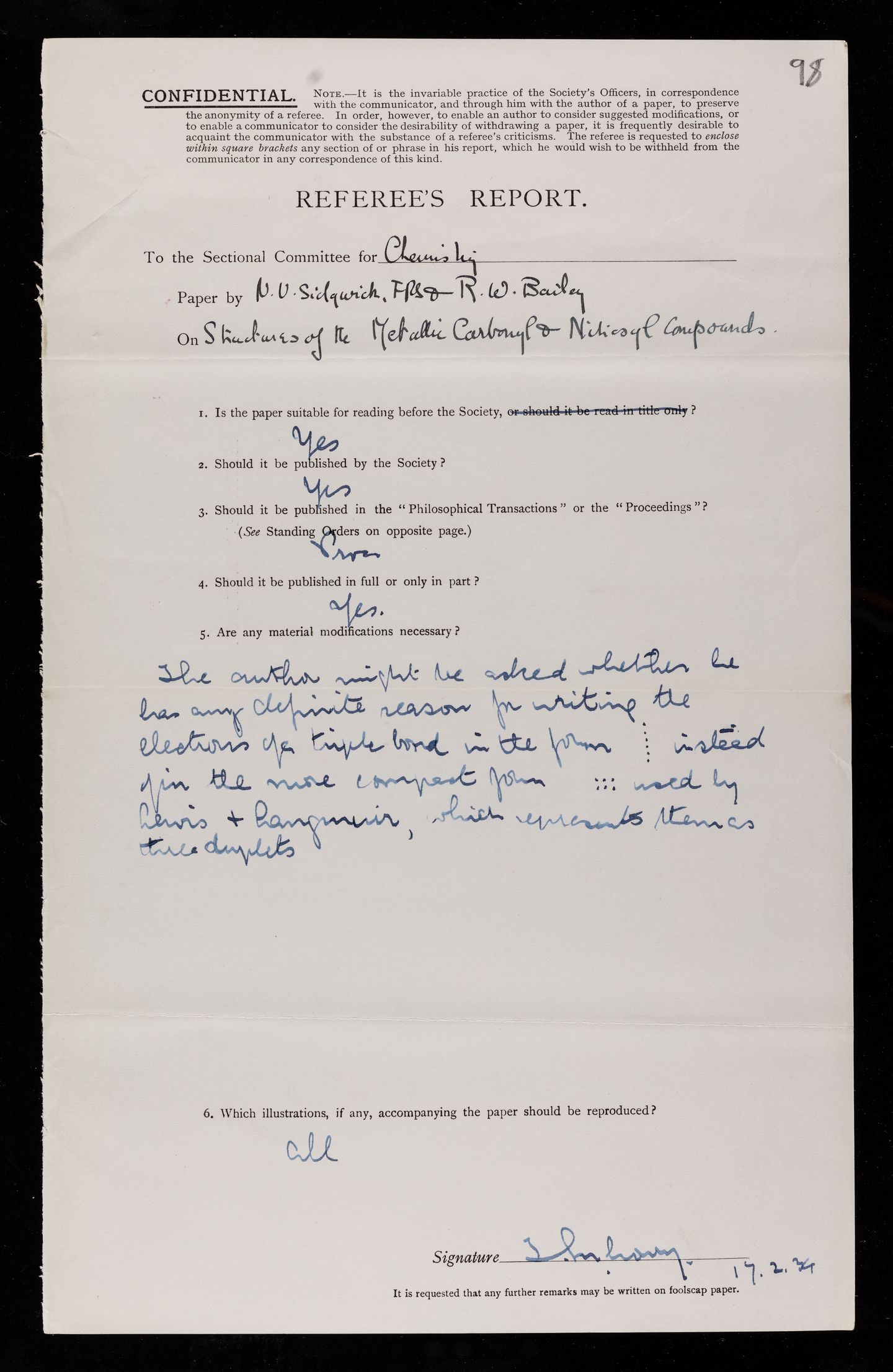 Referee's report by Thomas Martin Lowry, on a paper 'Structures of the ...