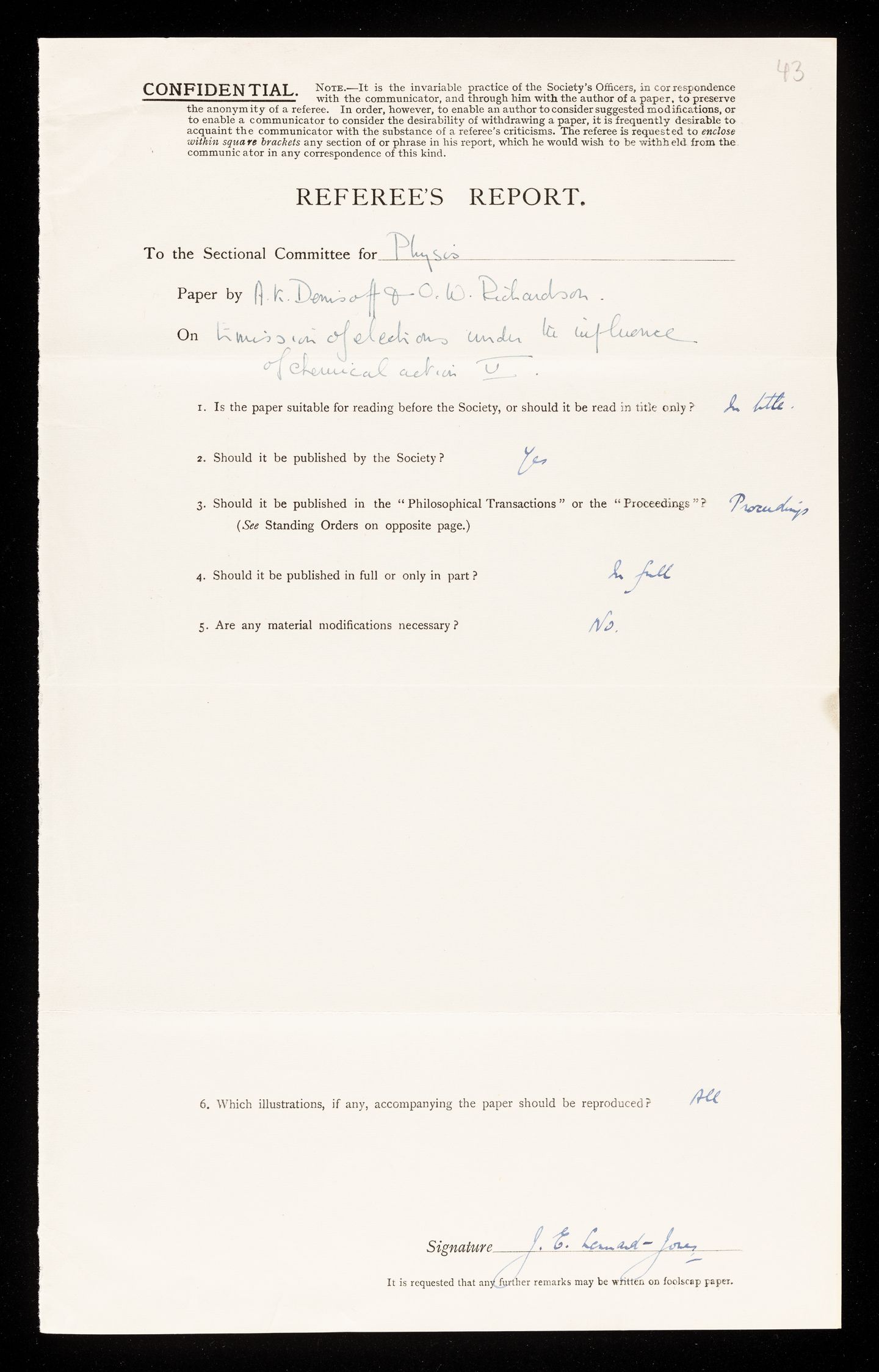 Referee's report by John Edward Lennard-Jones, on a paper 'The emission of electrons under the ...