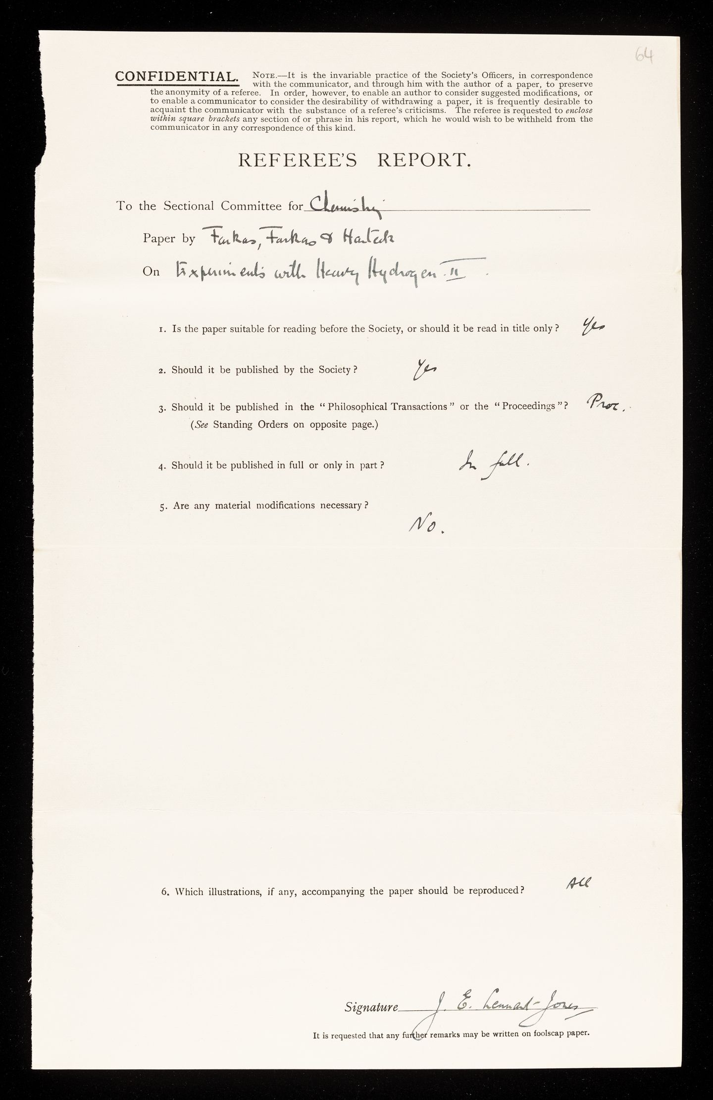 Referee's report by John Edward Lennard-Jones, on a paper 'Experiments on heavy hydrogen. II ...