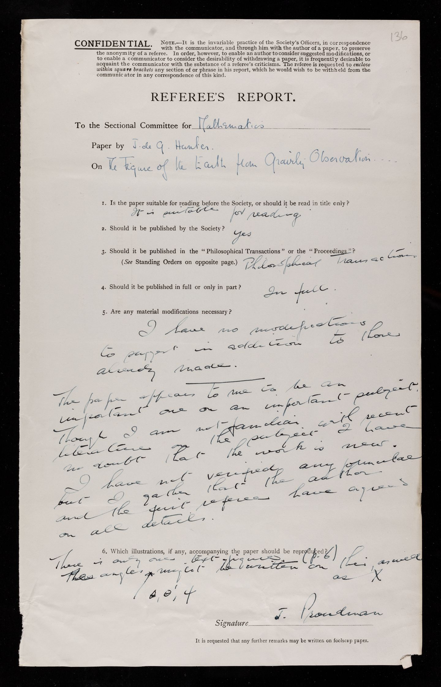 Referee's report by Joseph Proudman, on a paper 'The figure of the ...