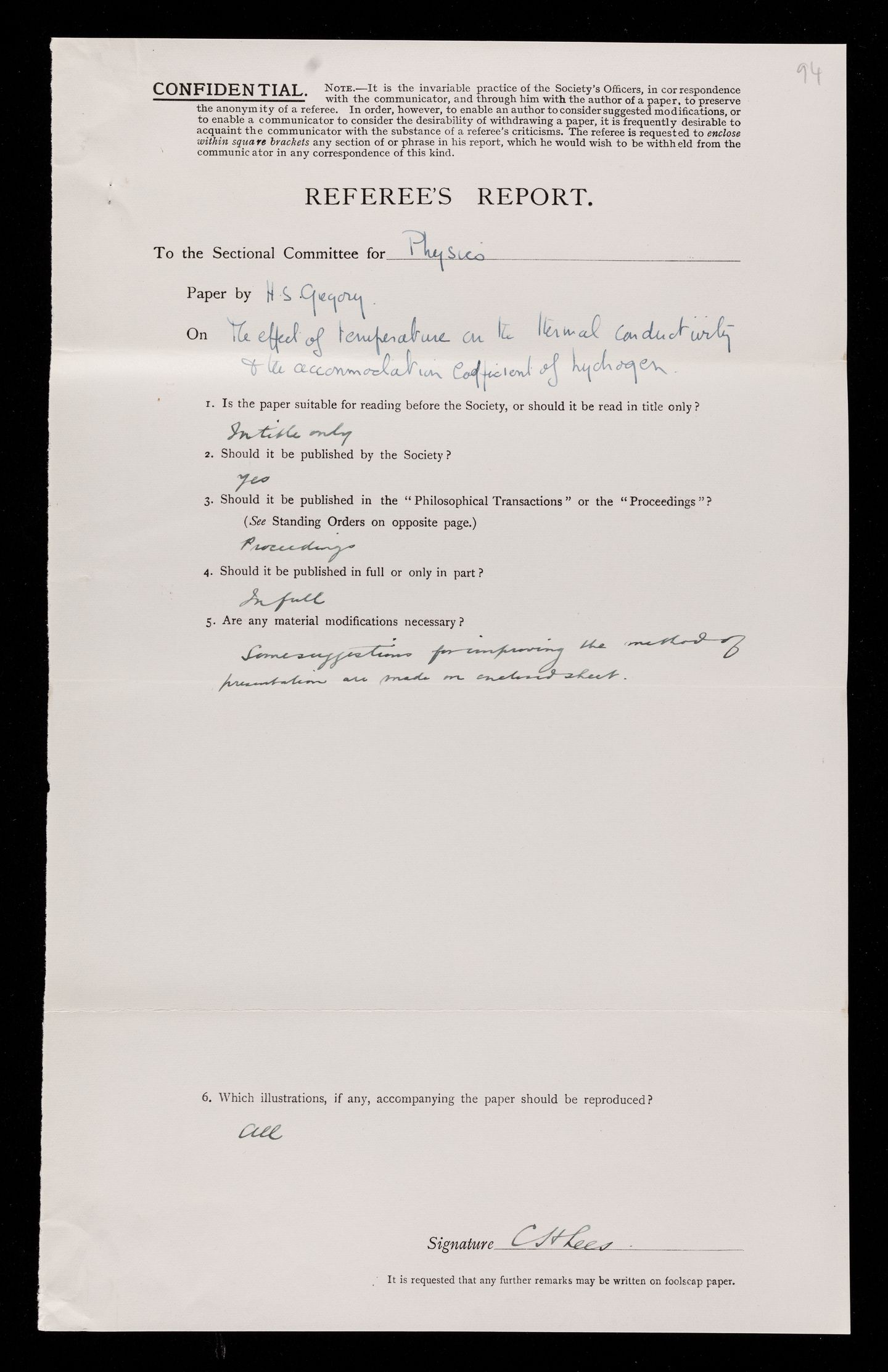 Referee's report by Charles Herbert Lees, on a paper 'The effect of temperature on the thermal ...